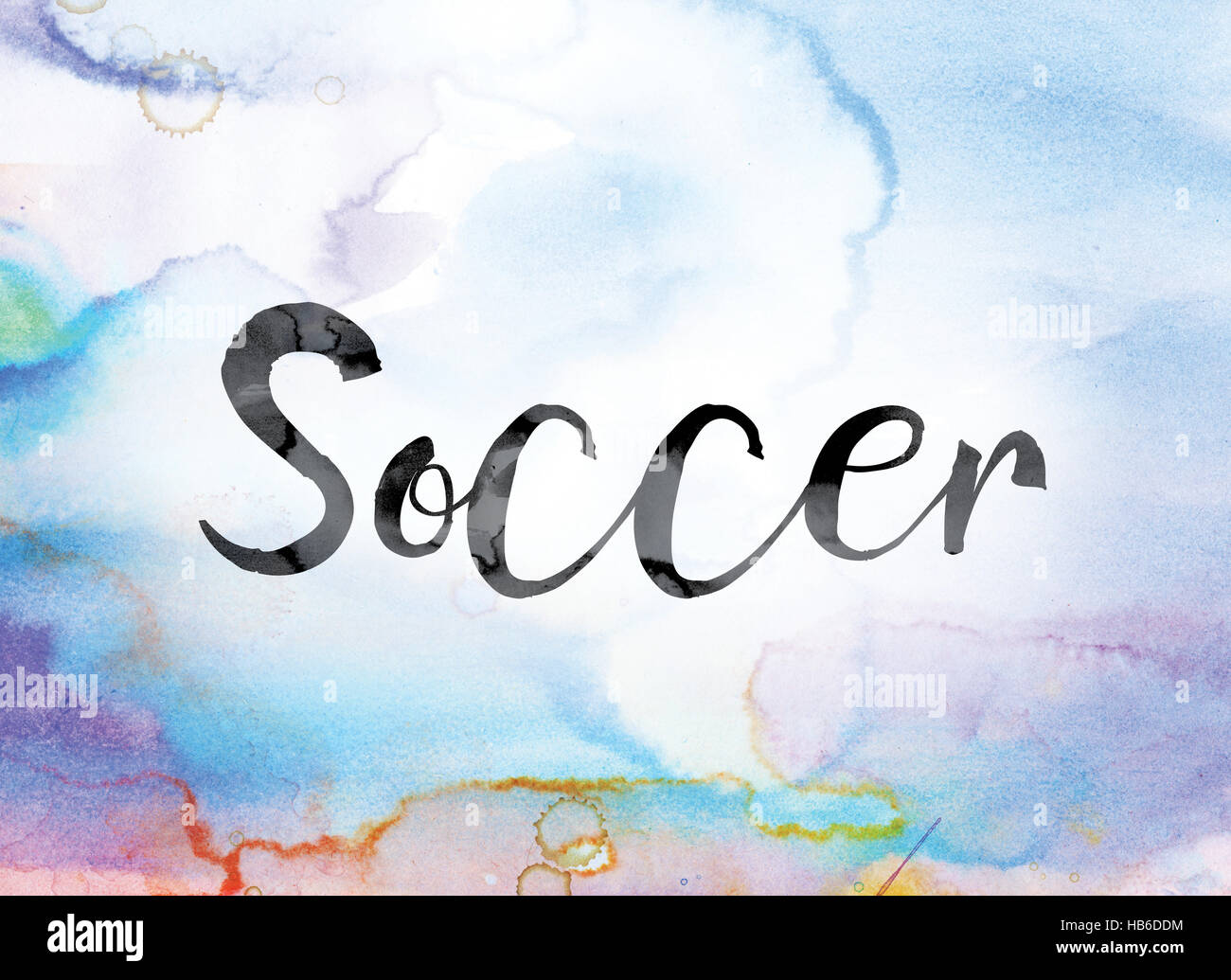 The word "Soccer" painted in black ink over a colorful watercolor ...