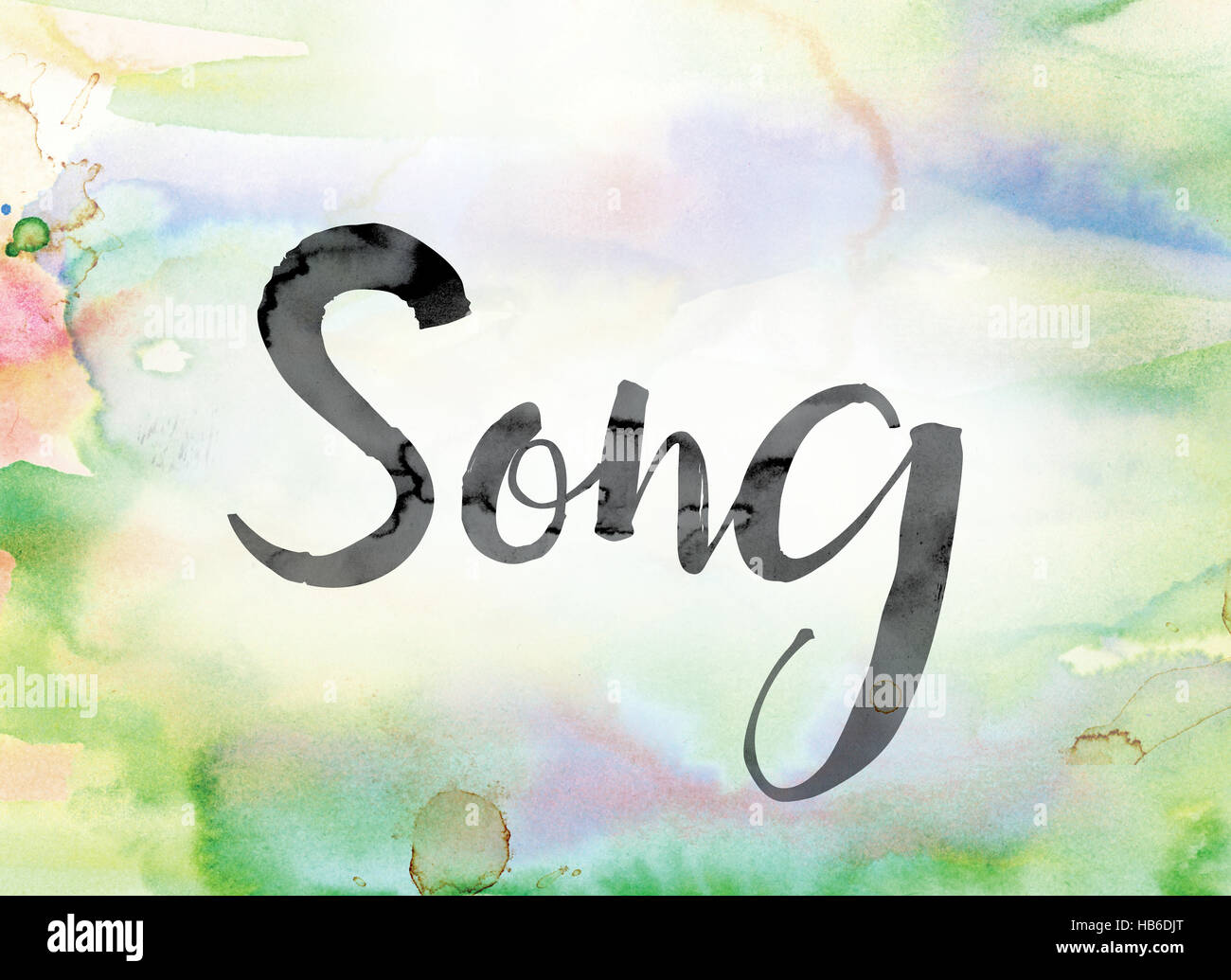 The word "Song" painted in black ink over a colorful watercolor washed ...