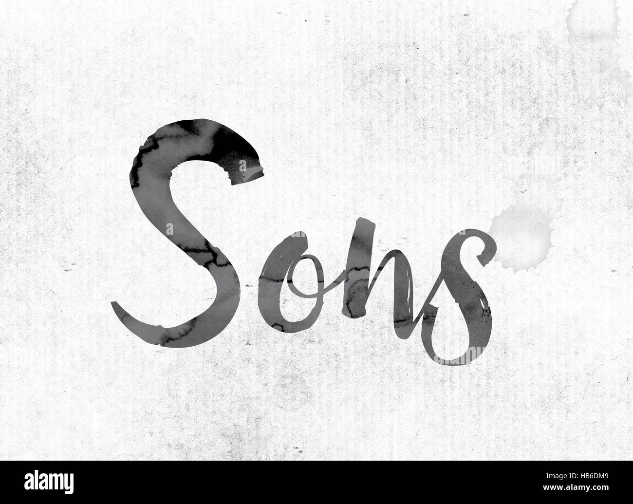 The word "Sons" concept and theme painted in watercolor ink on a white ...