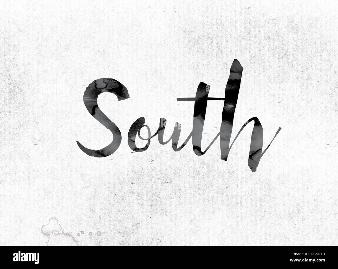 The word "South" concept and theme painted in watercolor ink on a white ...
