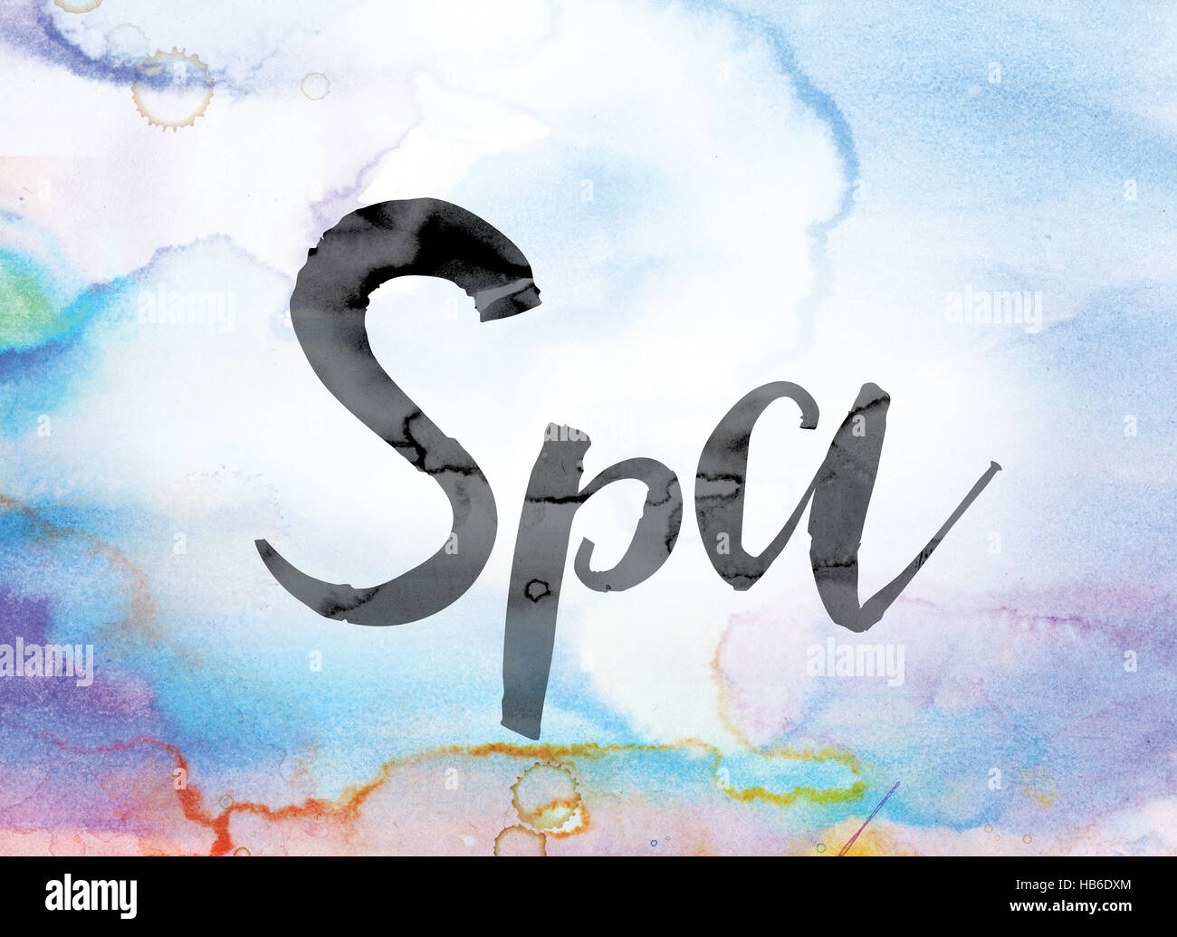 The word "Spa" painted in black ink over a colorful watercolor washed ...