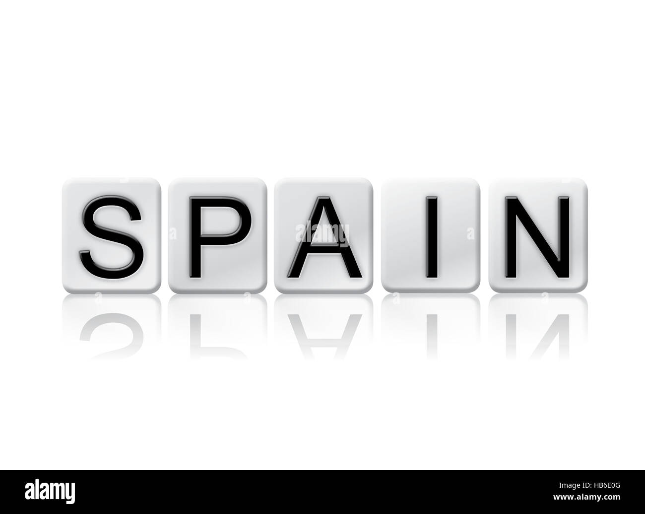The word "Spain" written in tile letters isolated on a white background ...