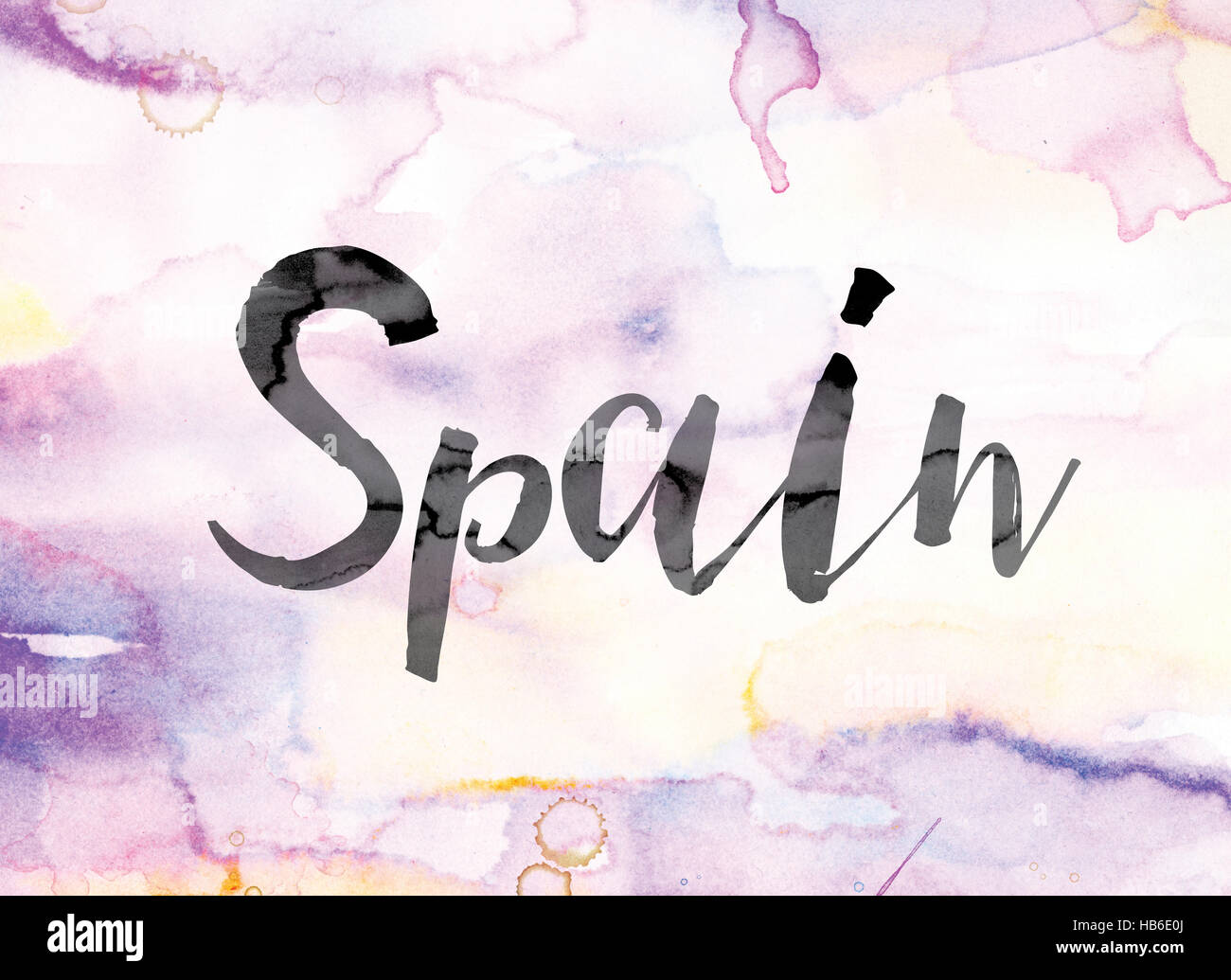 The word "Spain" painted in black ink over a colorful watercolor washed ...