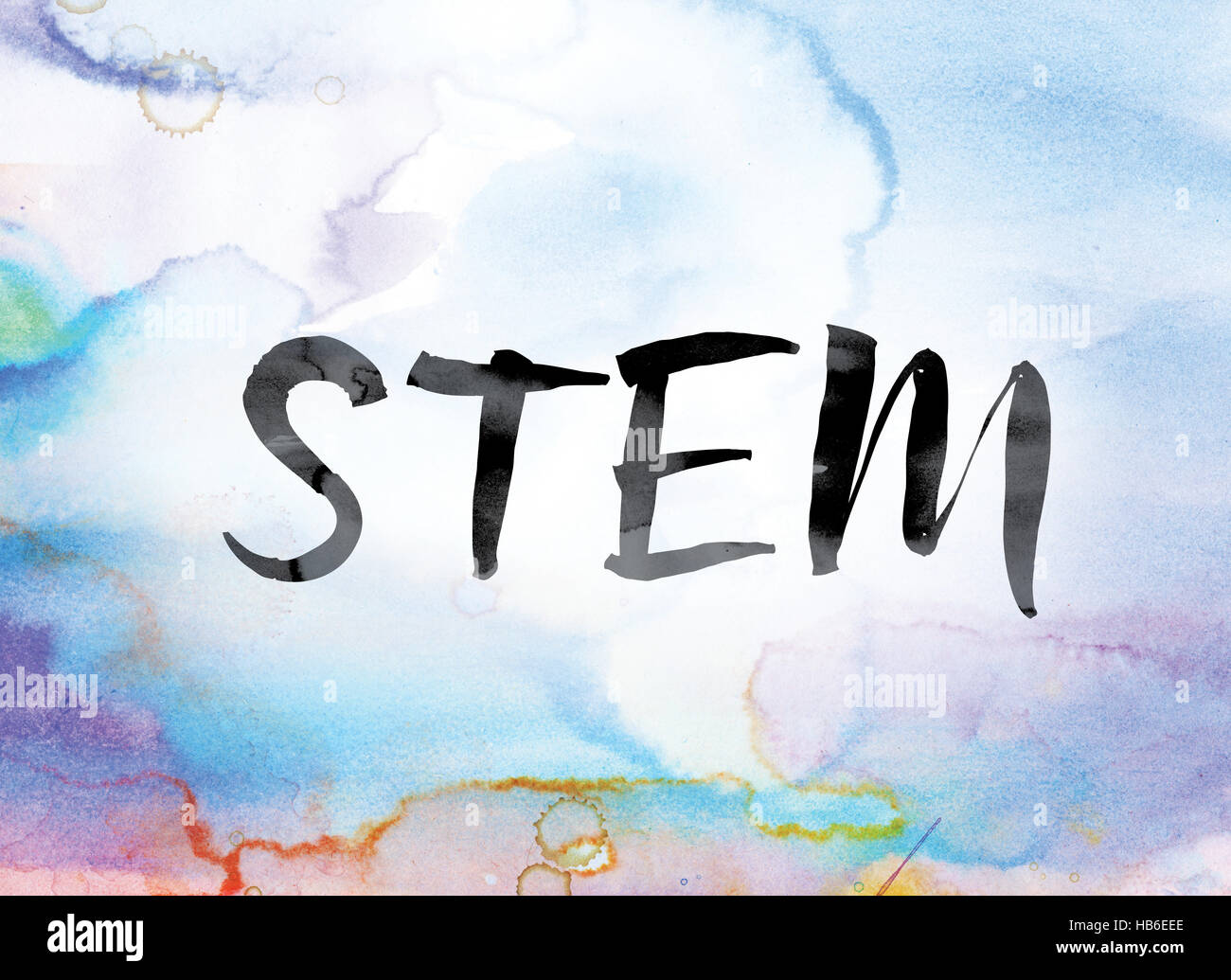 The word "STEM" painted in black ink over a colorful watercolor washed ...