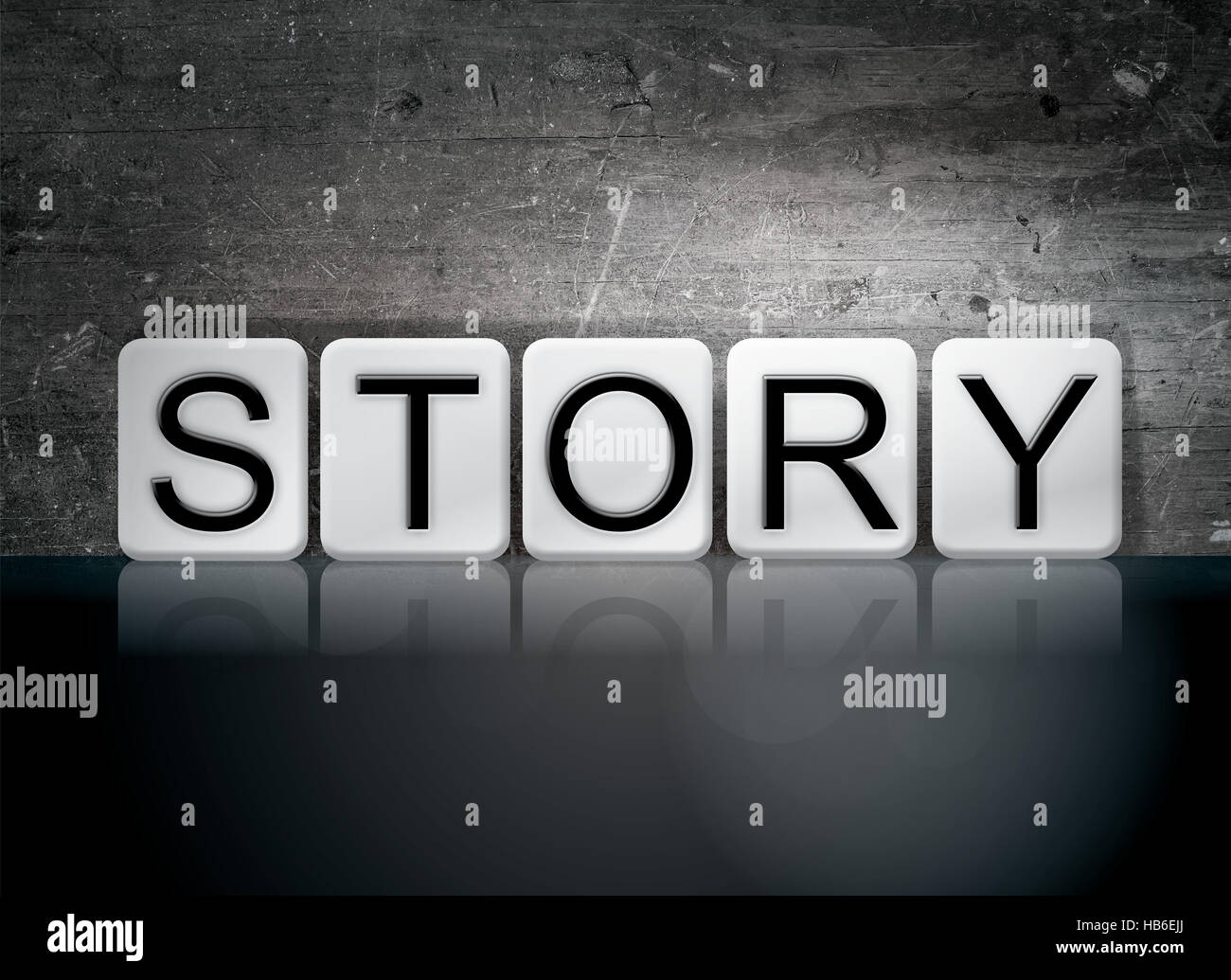 The word "Story" written in white tiles against a dark vintage grunge ...