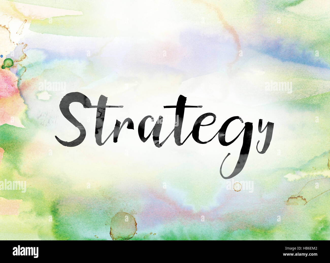 The word "Strategy" painted in black ink over a colorful watercolor ...