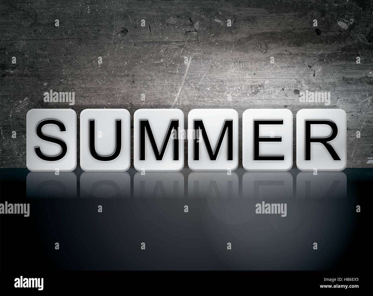 The word "Summer" written in white tiles against a dark vintage grunge ...