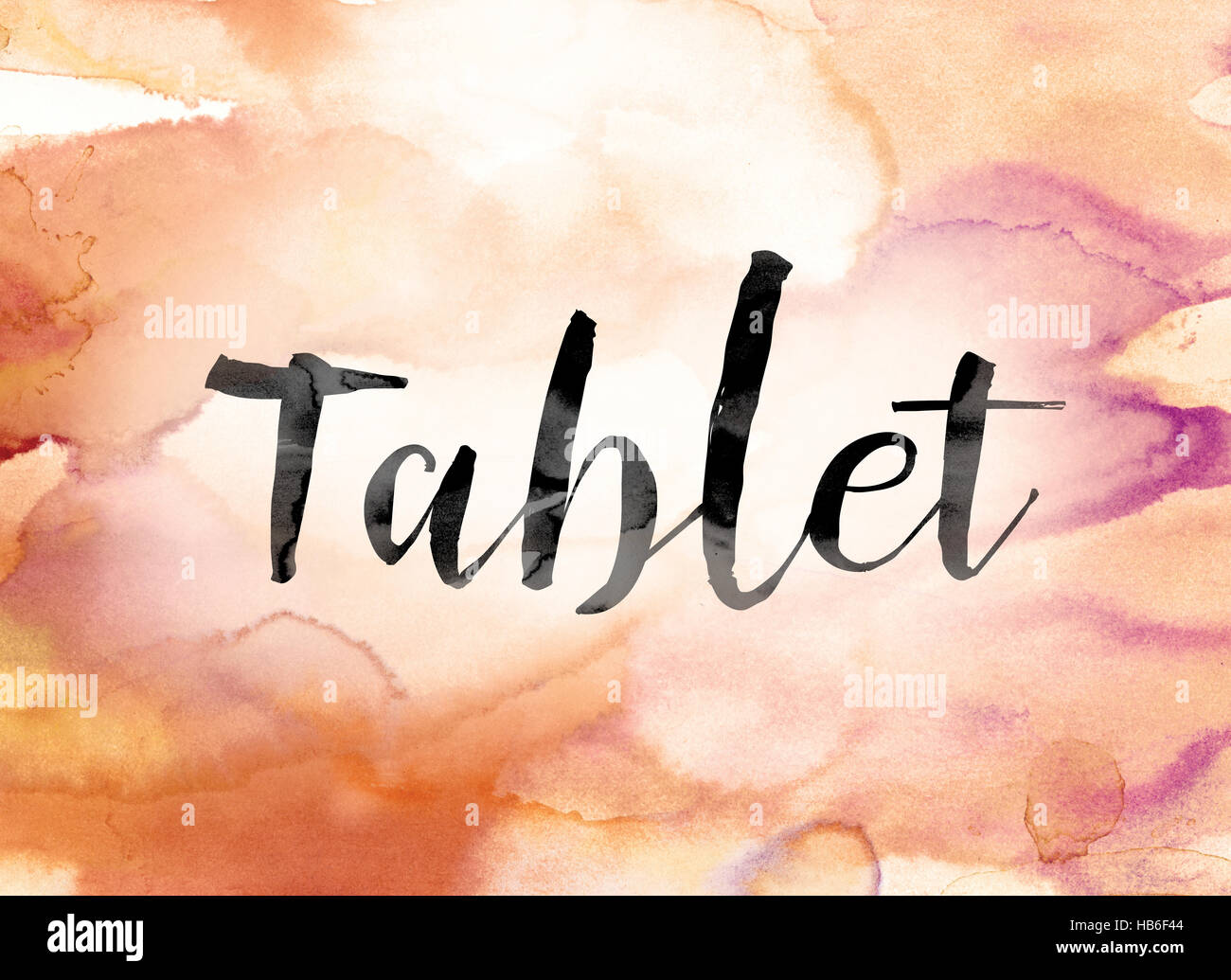 The word "Tablet" painted in black ink over a colorful watercolor ...