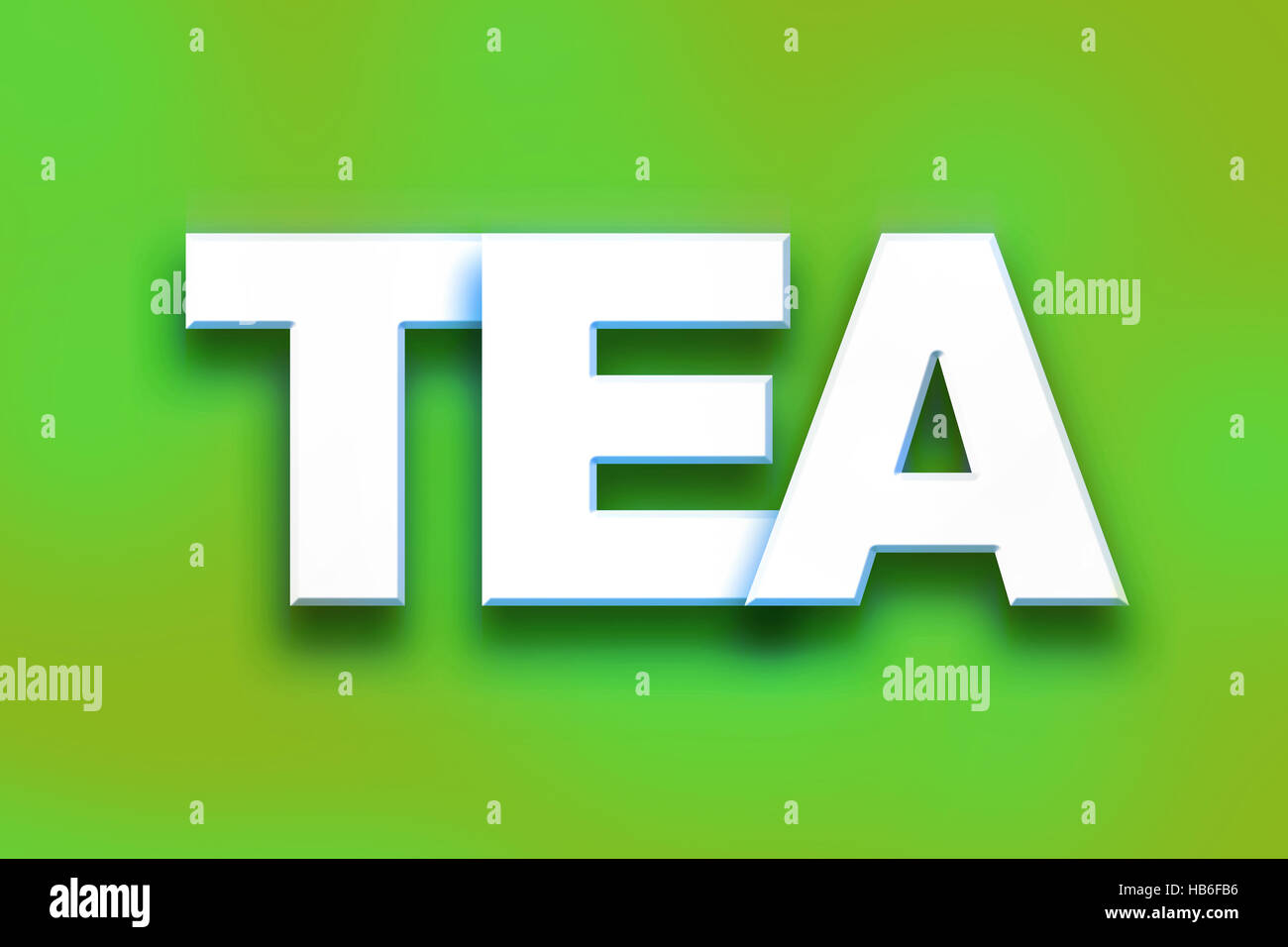 The word "Tea" written in white 3D letters on a colorful background ...