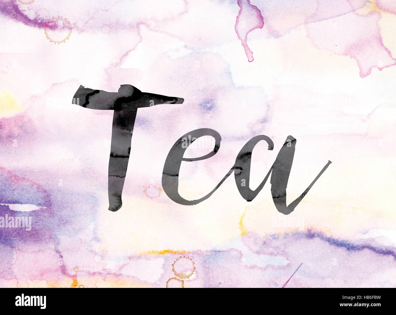 The word "Tea" painted in black ink over a colorful watercolor washed ...