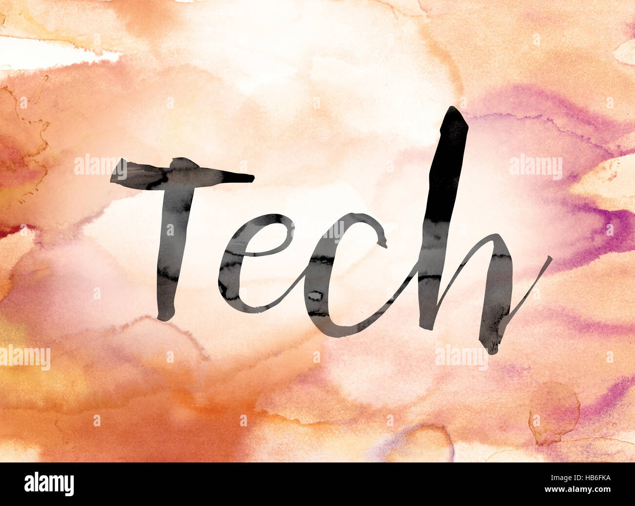 The word "Tech" painted in black ink over a colorful watercolor washed ...