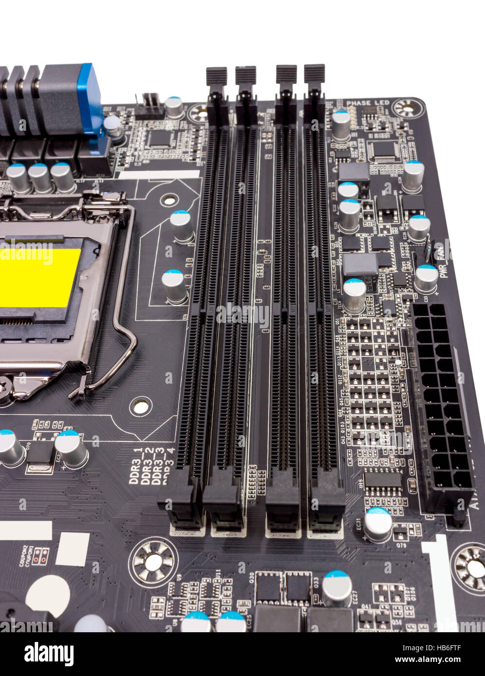 Electronics components on modern PC computer motherboard with RAM ...