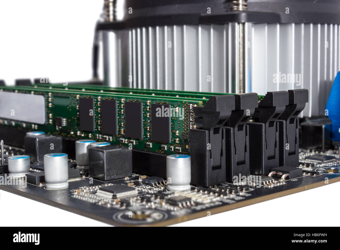 Computer motherboard isolated on white background with CPU cooler Stock ...