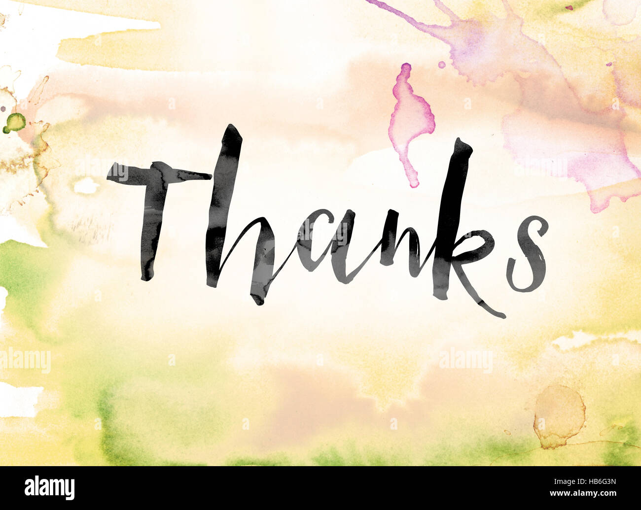 The word "Thanks" painted in black ink over a colorful watercolor ...