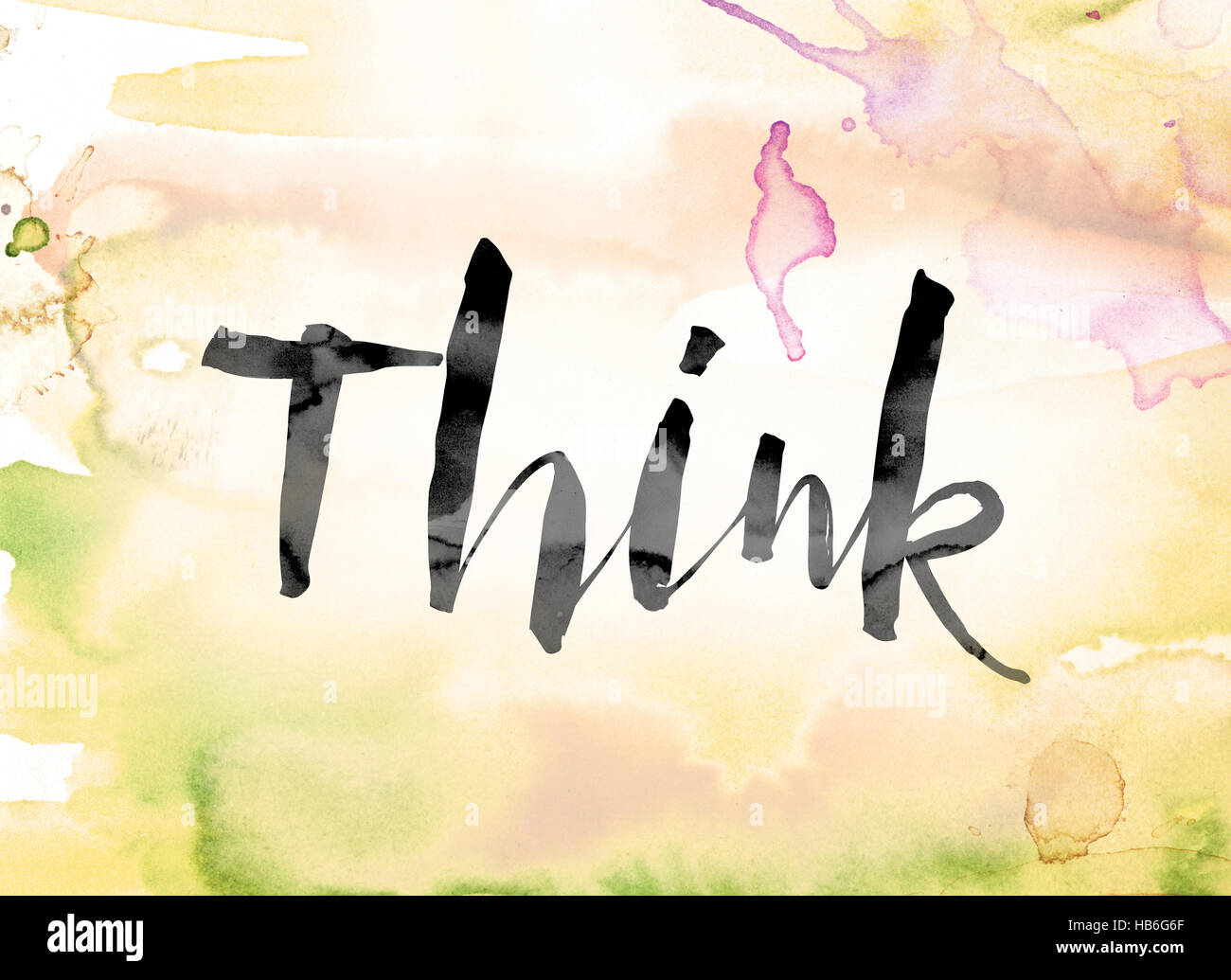 The word "Think" painted in black ink over a colorful watercolor washed ...