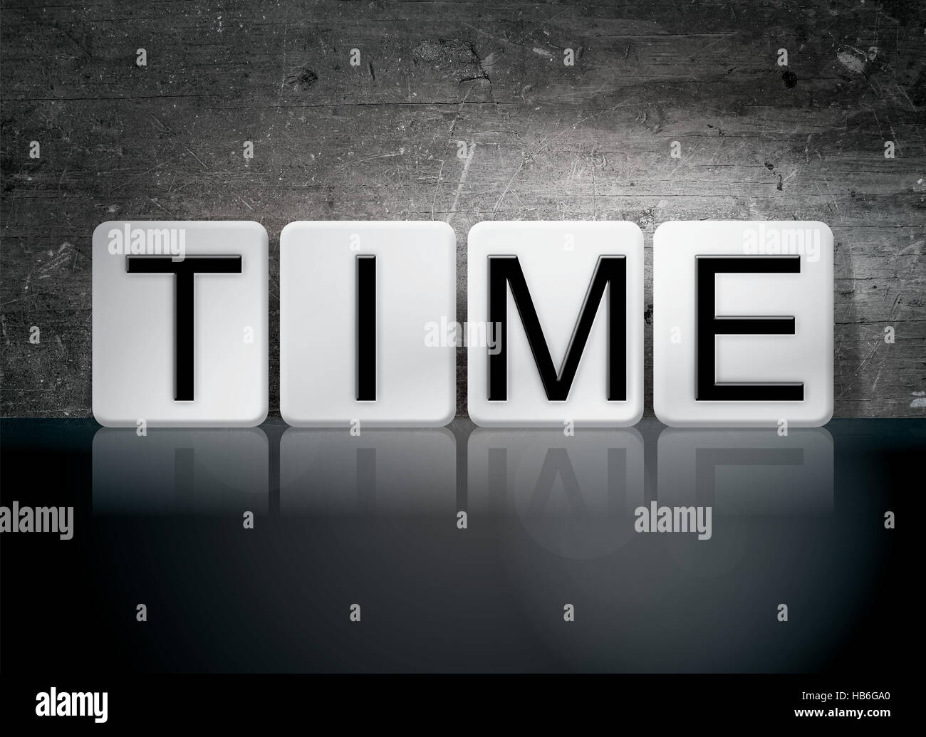 The word "Time" written in white tiles against a dark vintage grunge ...