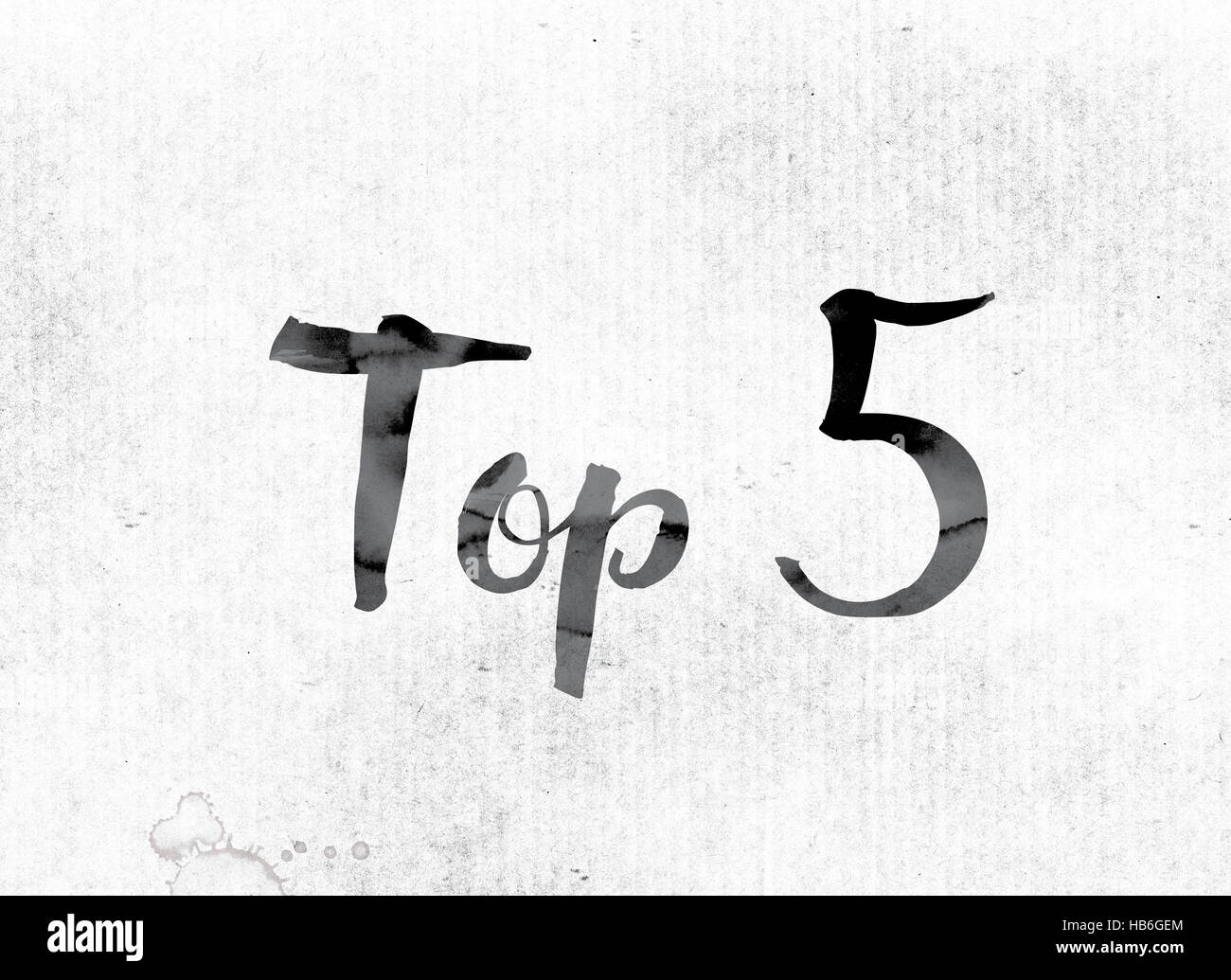 The word "Top 5" concept and theme painted in watercolor ink on a white ...