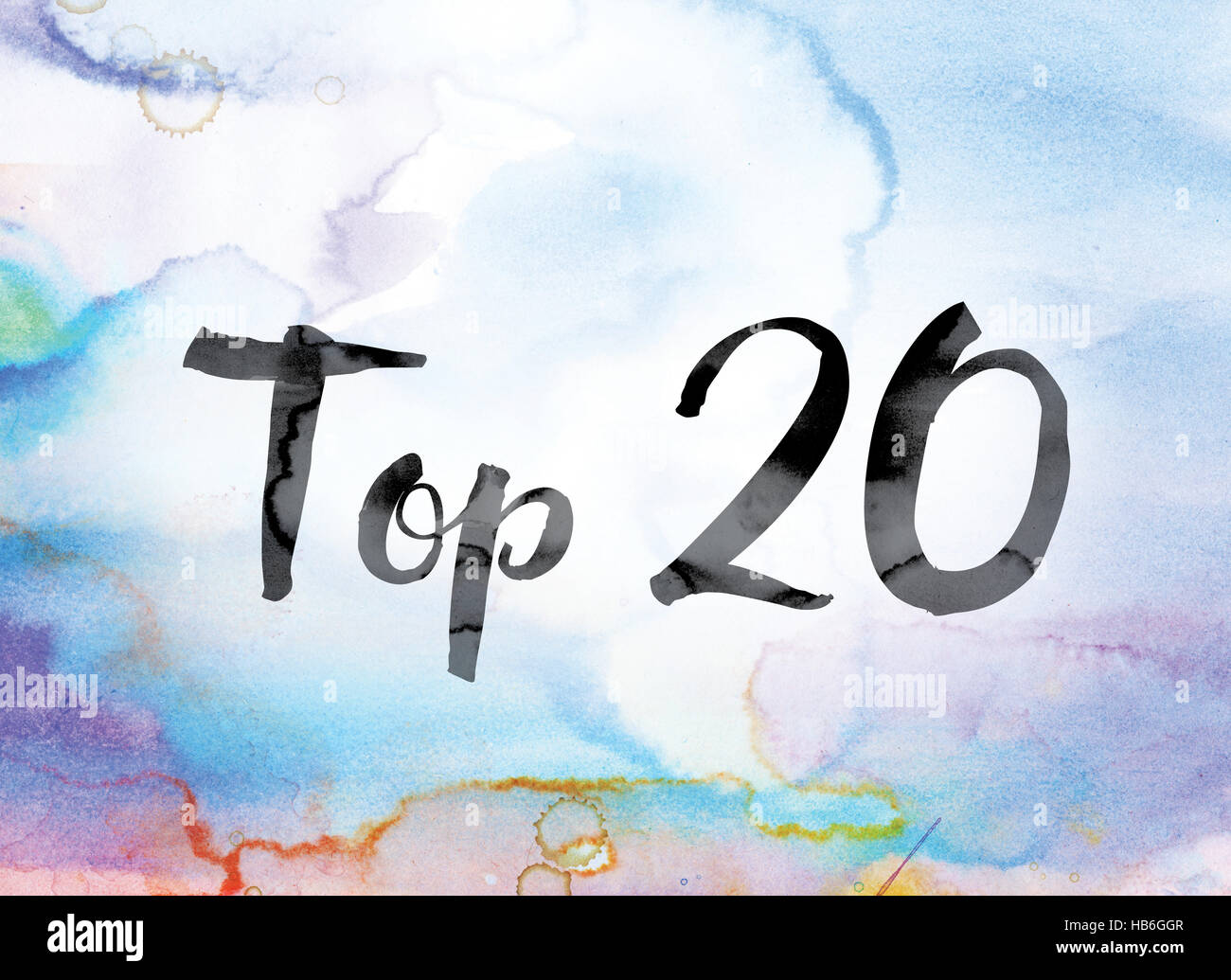 The word "Top 20" painted in black ink over a colorful watercolor ...