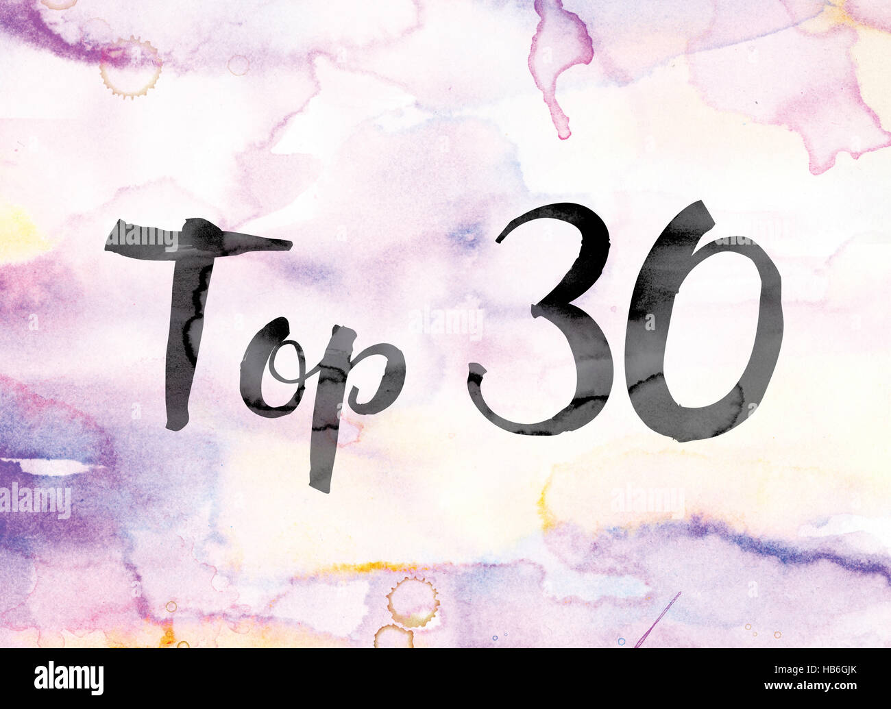The word "Top 30" painted in black ink over a colorful watercolor ...