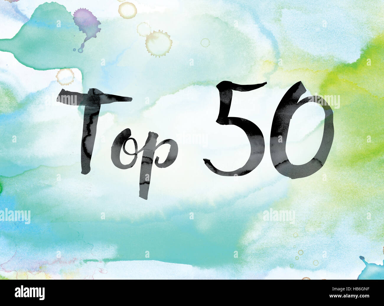 The word "Top 50" painted in black ink over a colorful watercolor ...