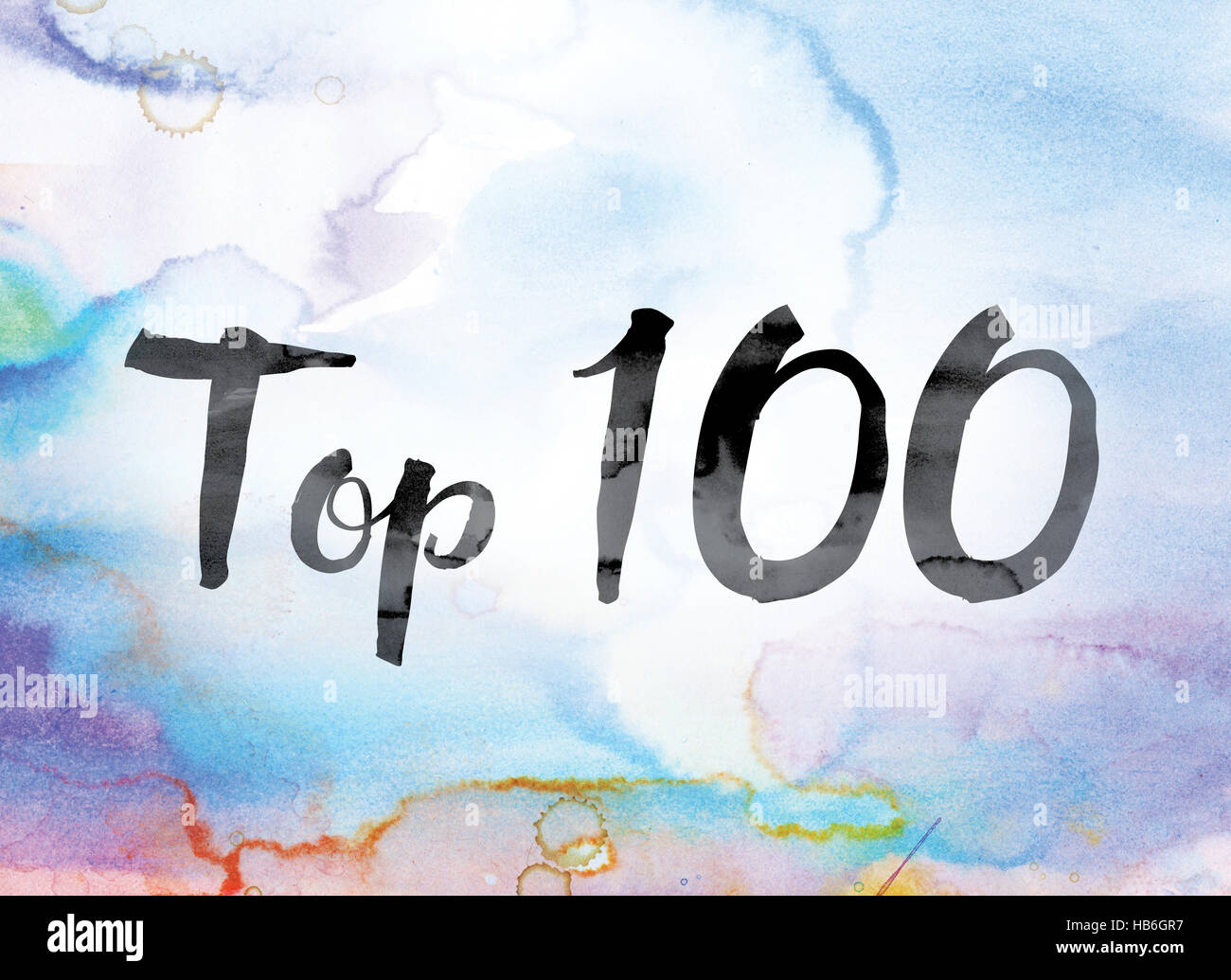 The word "Top 100" painted in black ink over a colorful watercolor ...