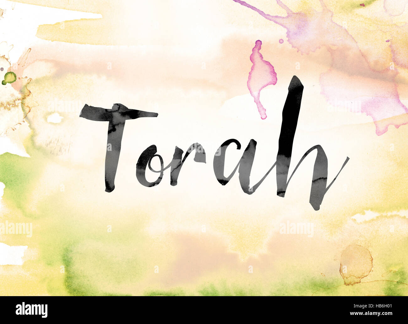 The word "Torah" painted in black ink over a colorful watercolor washed ...