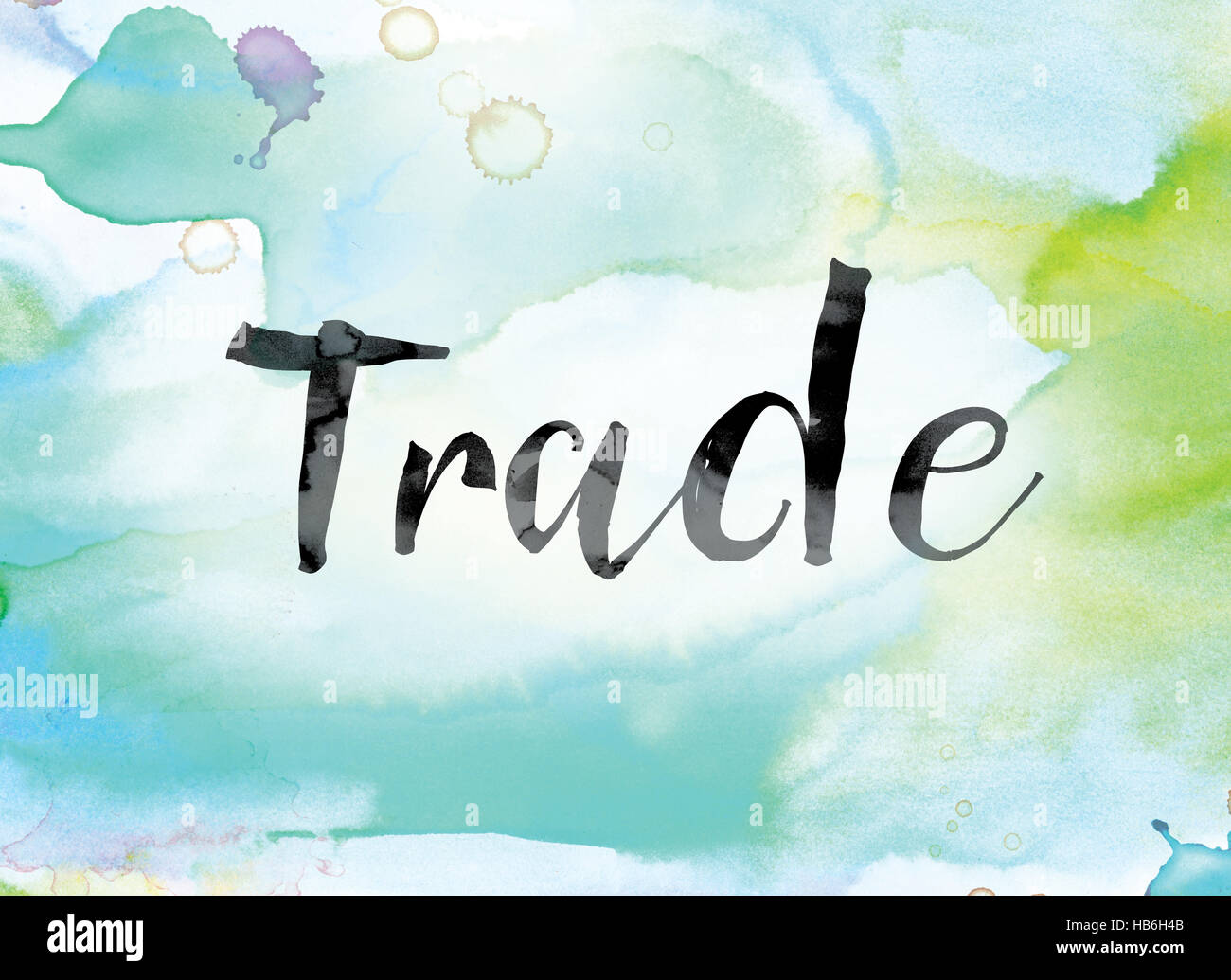 The word "Trade" painted in black ink over a colorful watercolor washed ...