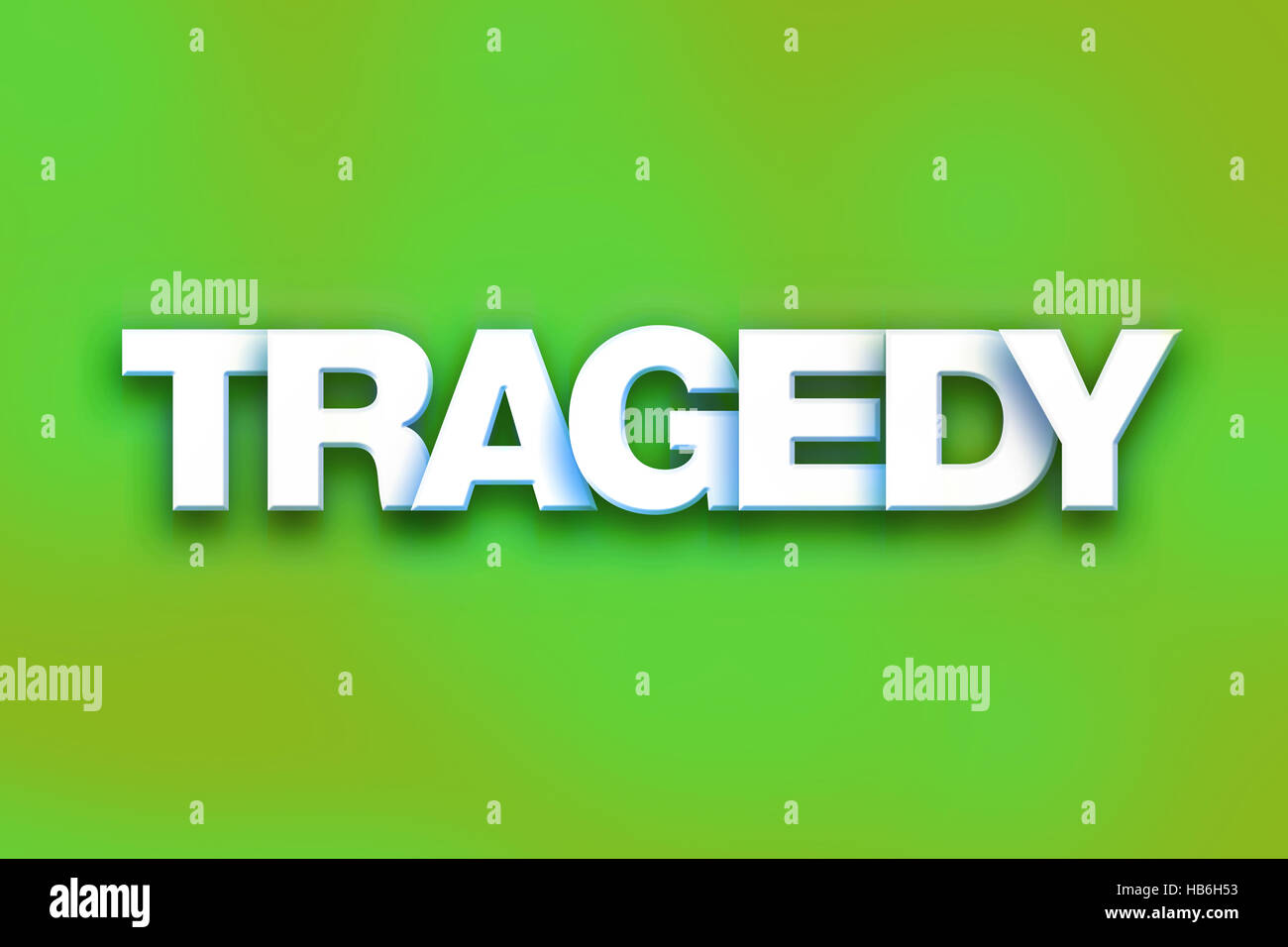 The word "Tragedy" written in white 3D letters on a colorful background ...