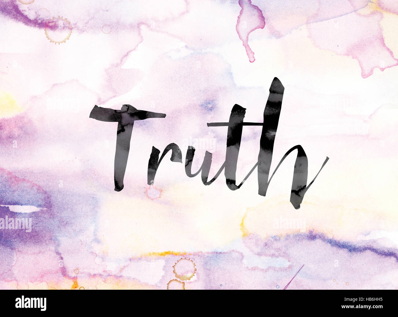 The word "Truth" painted in black ink over a colorful watercolor washed ...