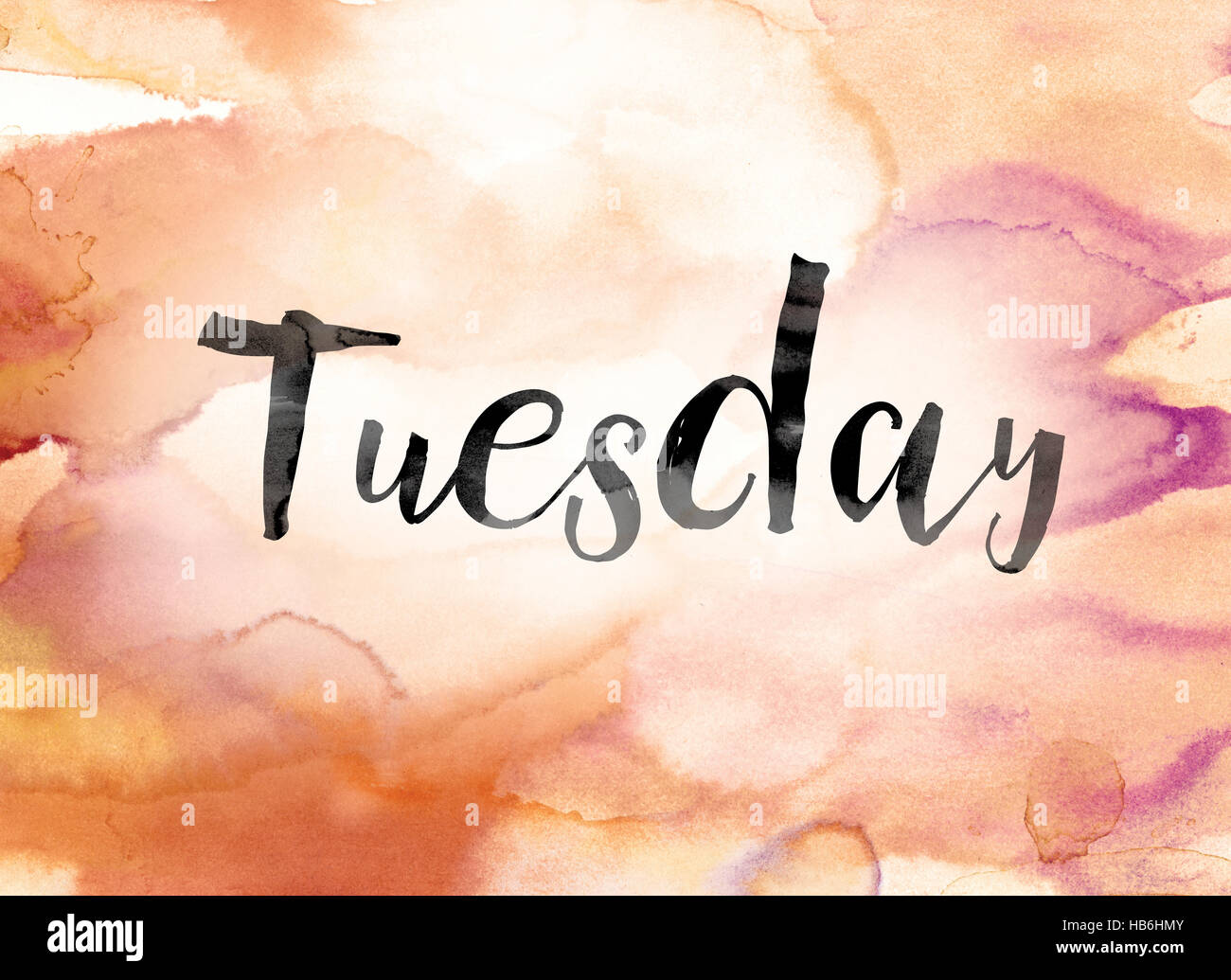 The word "Tuesday" painted in black ink over a colorful watercolor ...