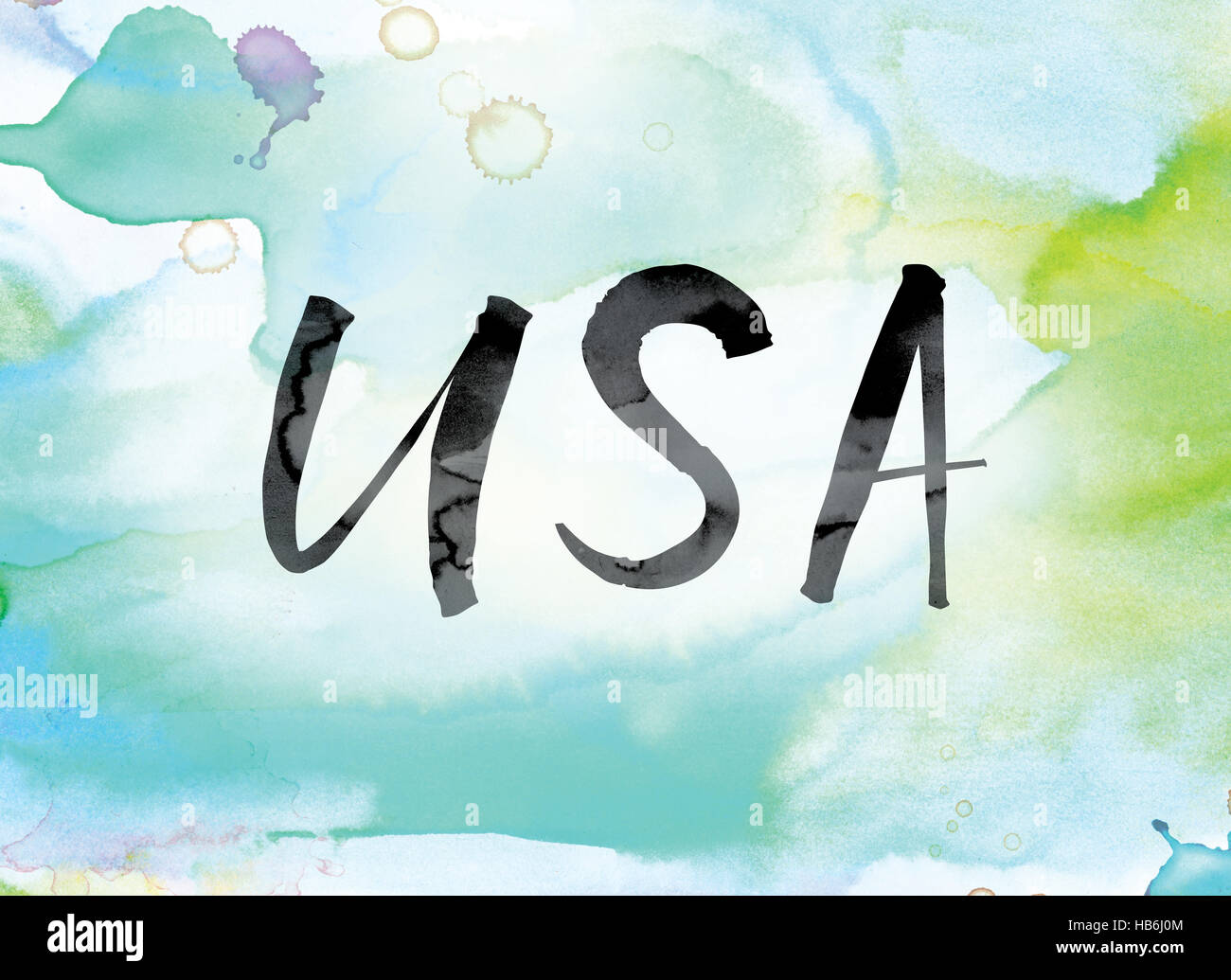 The word "USA" painted in black ink over a colorful watercolor washed ...