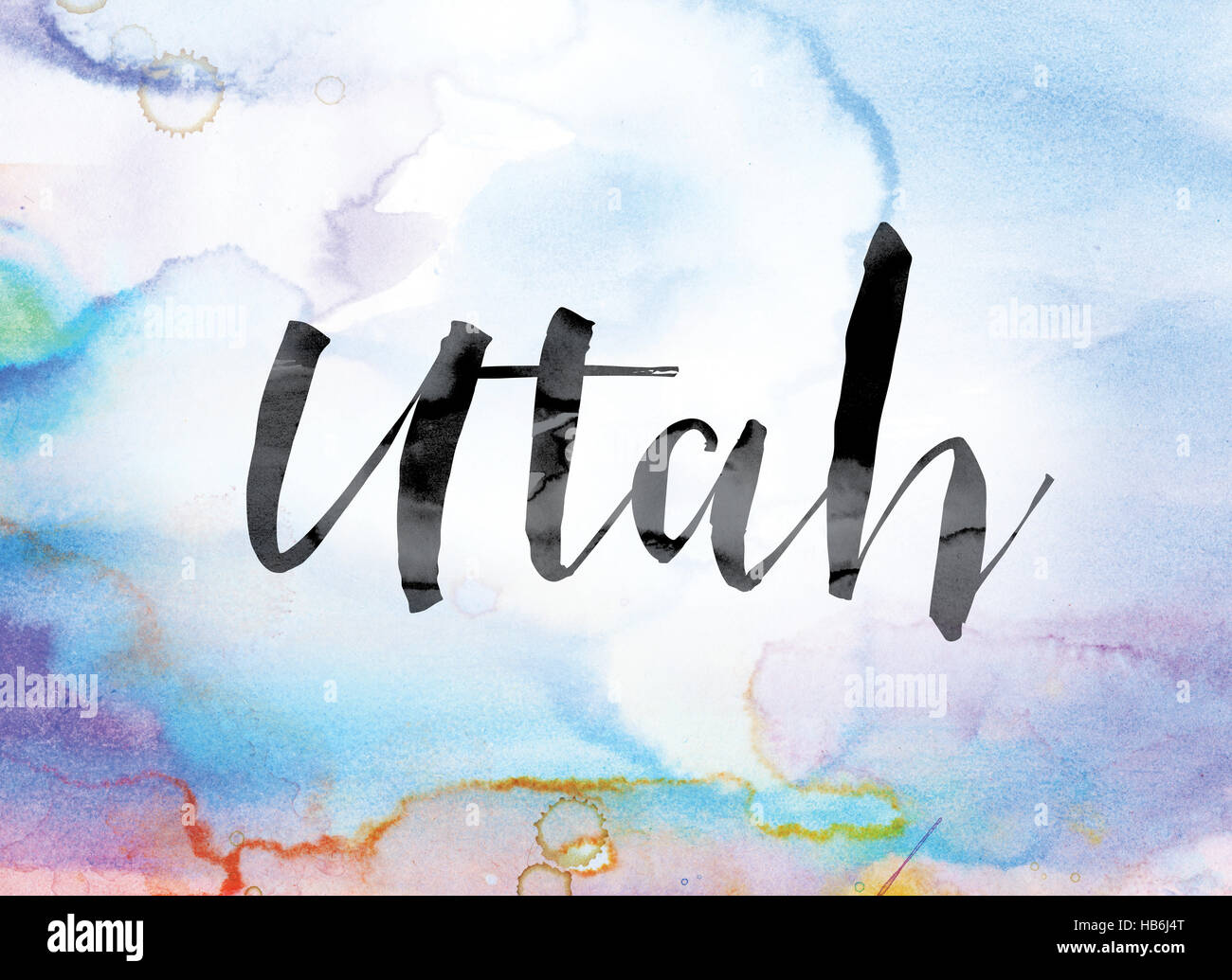 The word "Utah" painted in black ink over a colorful watercolor washed ...