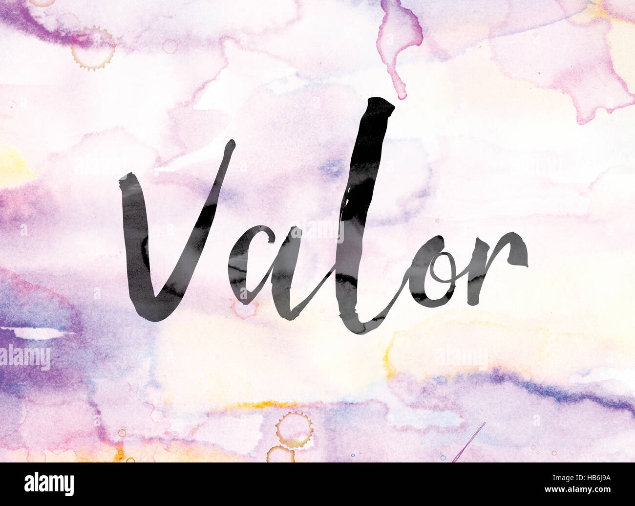 The word "Valor" painted in black ink over a colorful watercolor washed ...