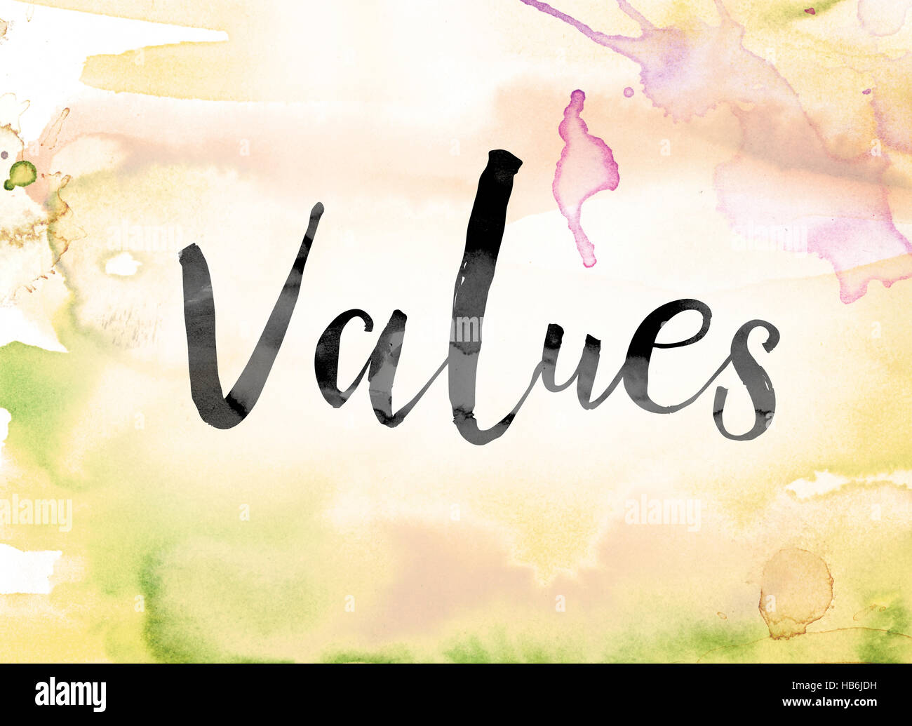 The word "Values" painted in black ink over a colorful watercolor ...
