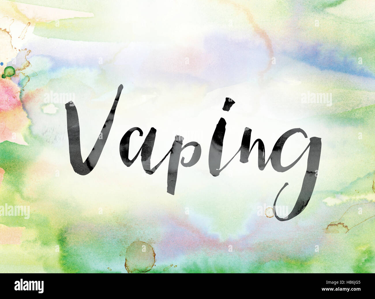 The word "Vaping" painted in black ink over a colorful watercolor ...