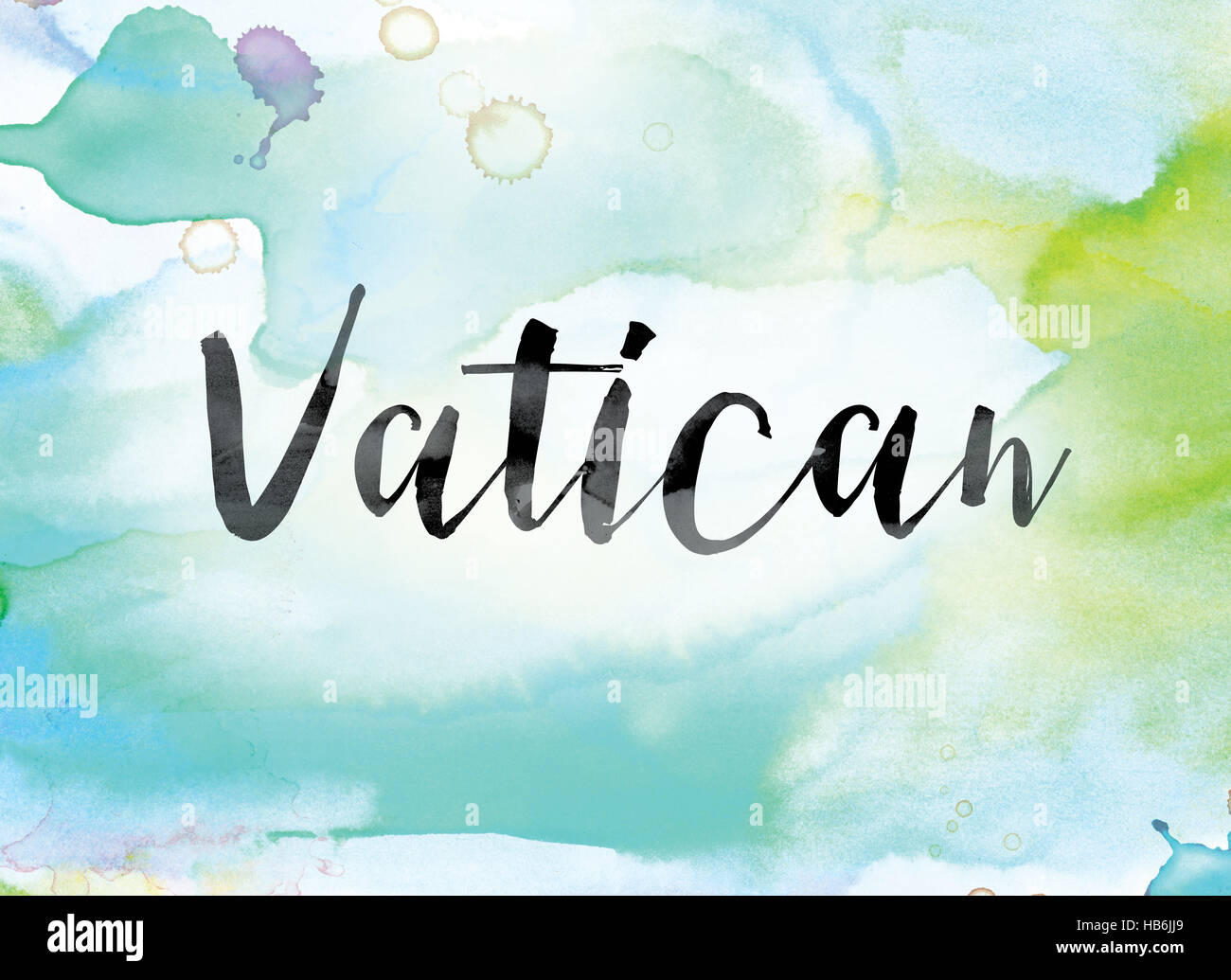 The word "Vatican" painted in black ink over a colorful watercolor ...