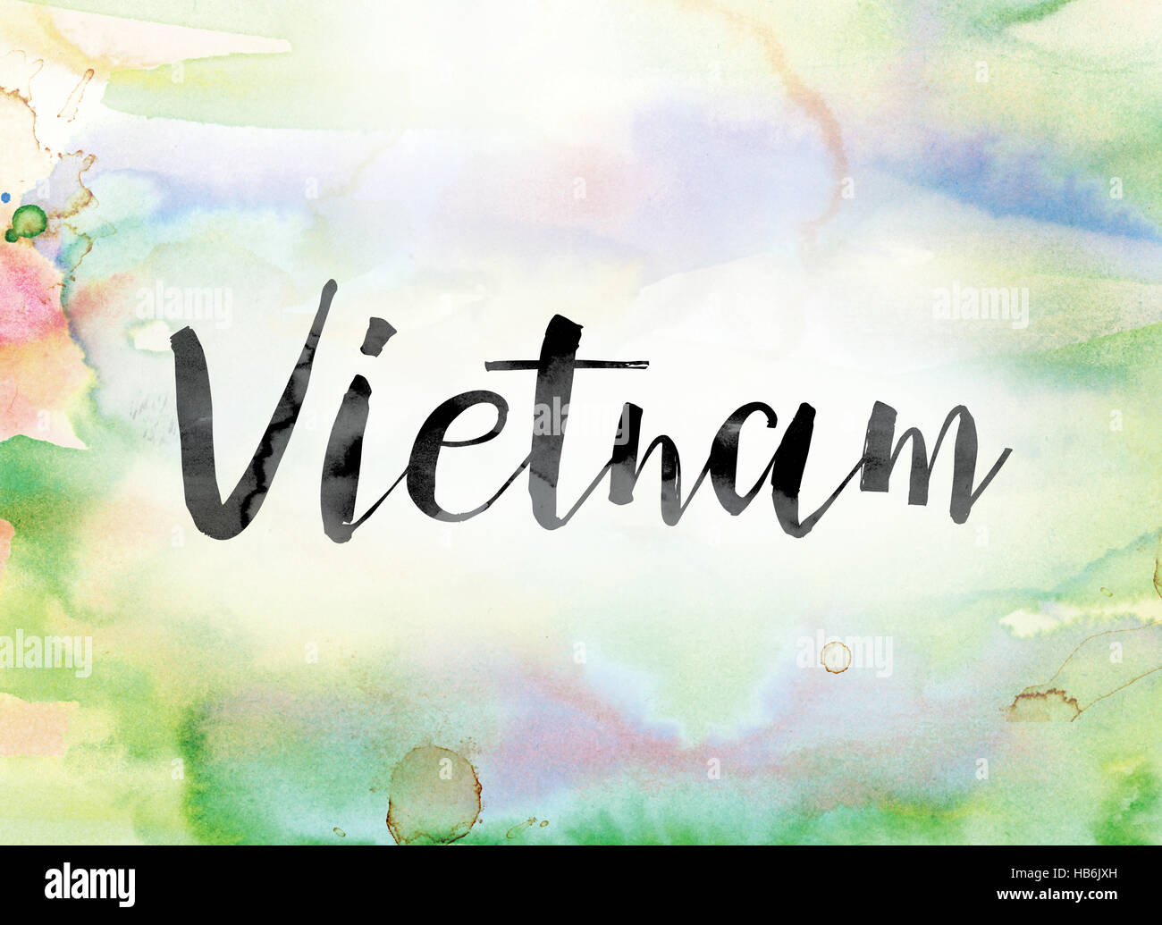 The word "Vietnam" painted in black ink over a colorful watercolor ...