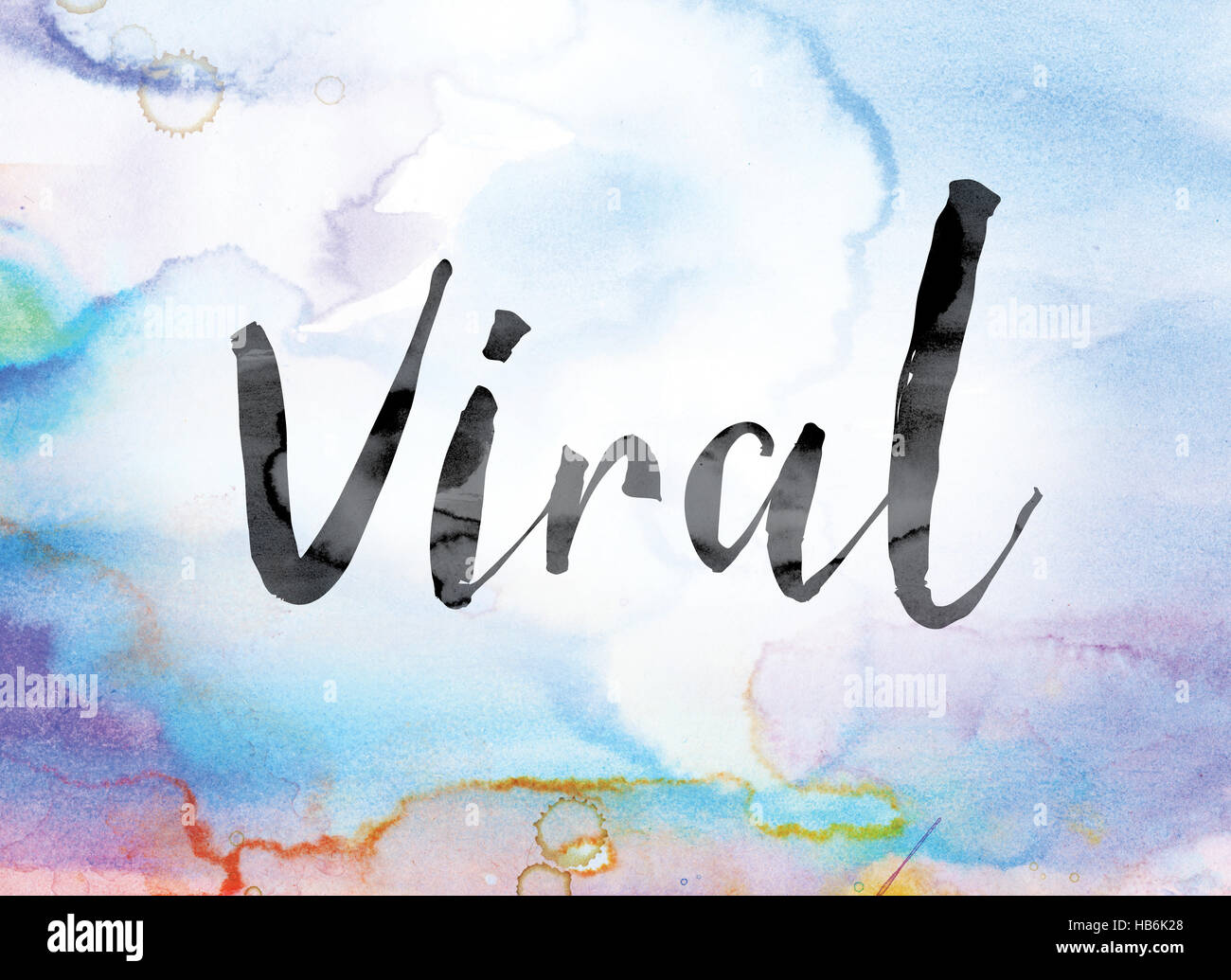 The word "Viral" painted in black ink over a colorful watercolor washed ...