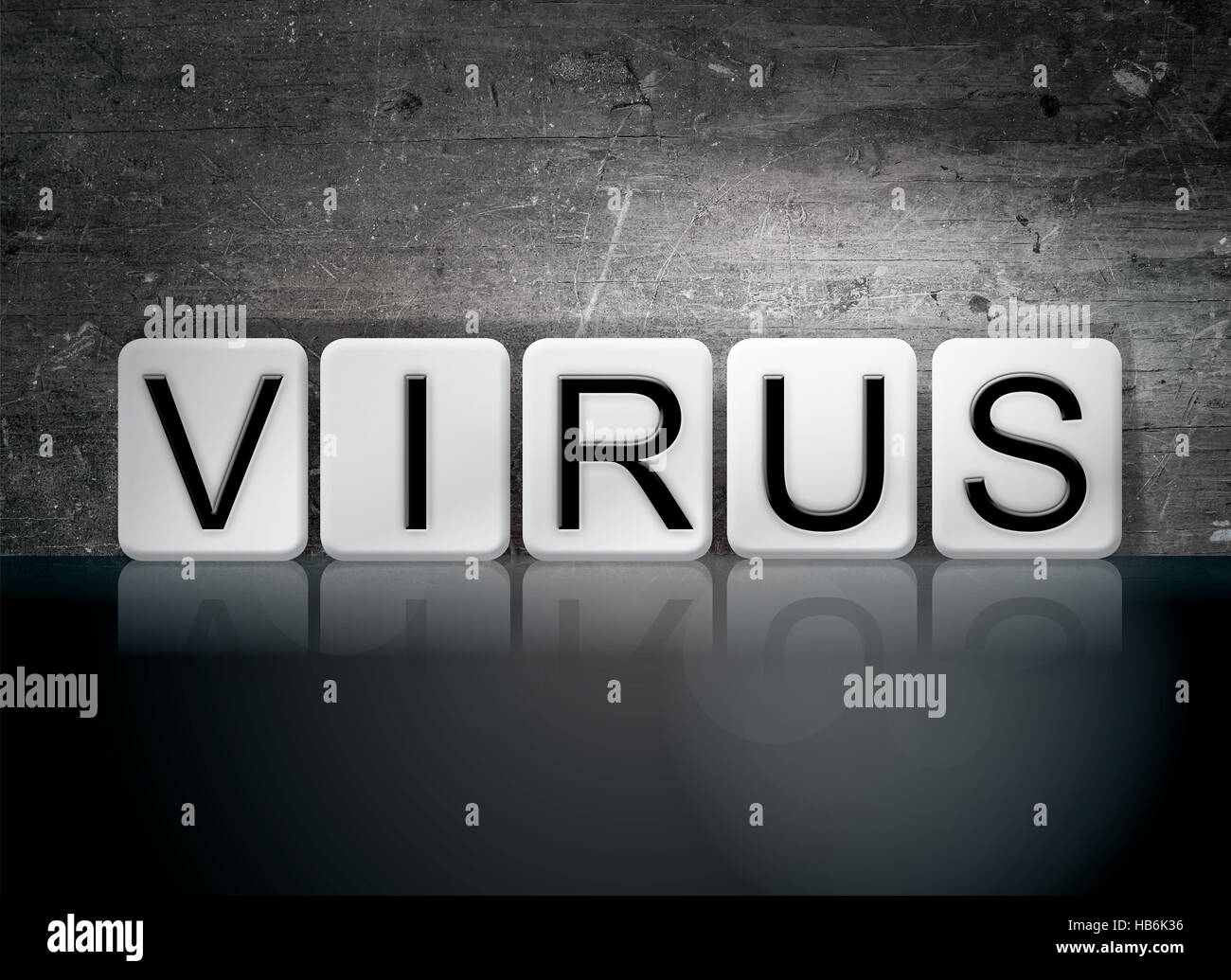 The word "Virus" written in white tiles against a dark vintage grunge ...