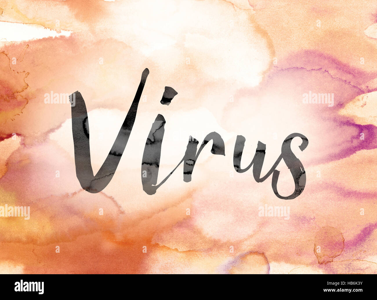 The word "Virus" painted in black ink over a colorful watercolor washed ...