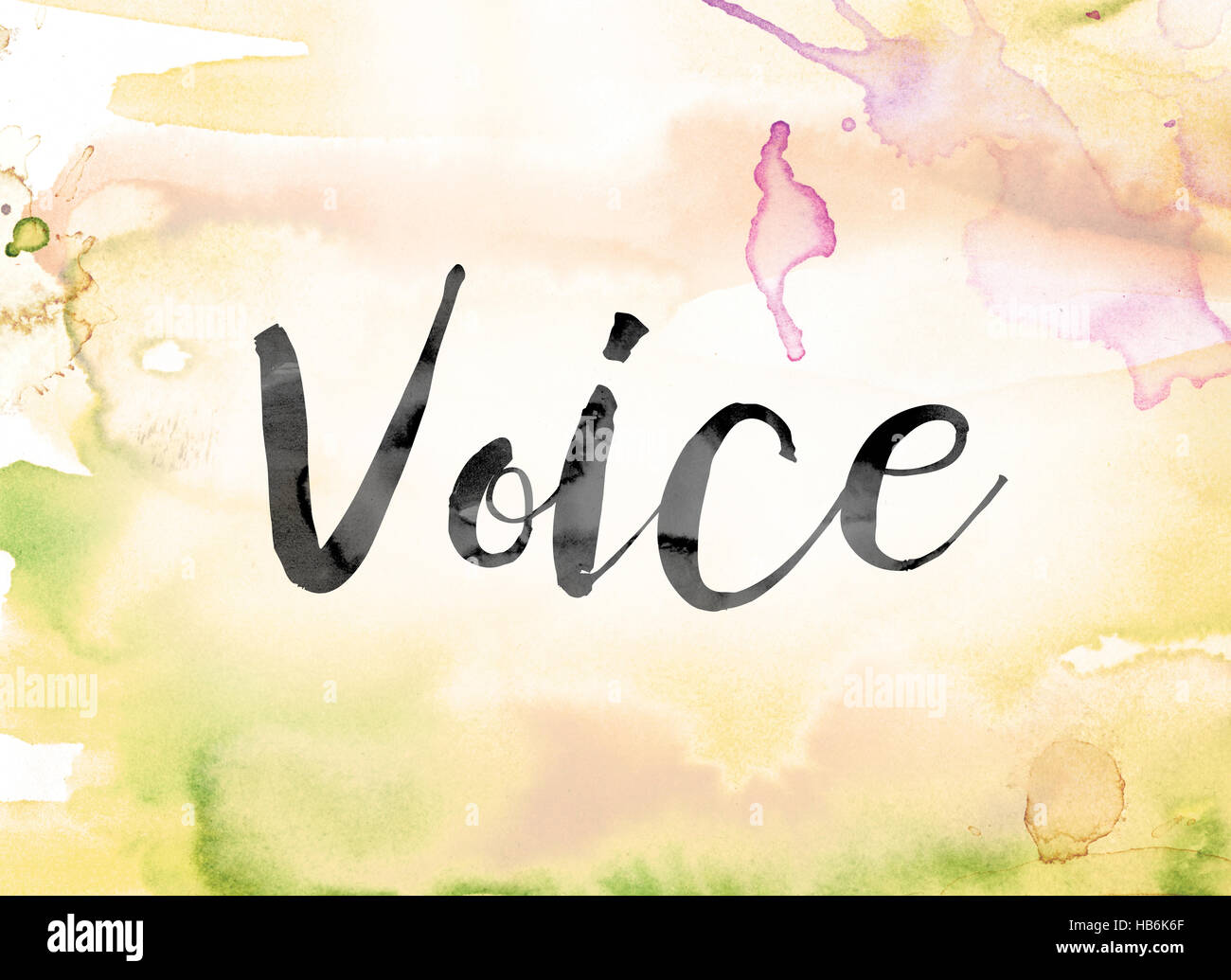 The word "Voice" painted in black ink over a colorful watercolor washed ...
