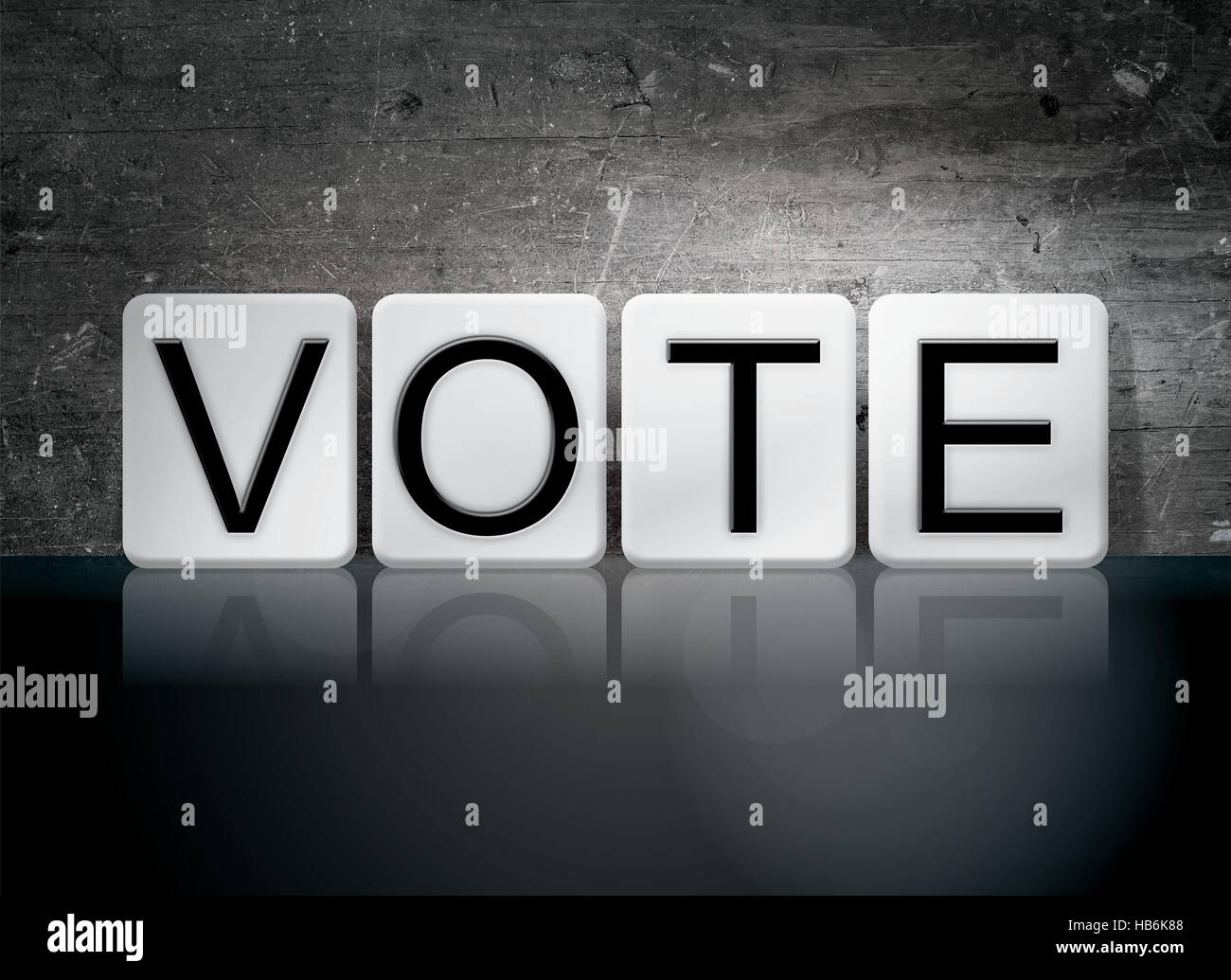 The word "Vote" written in white tiles against a dark vintage grunge ...