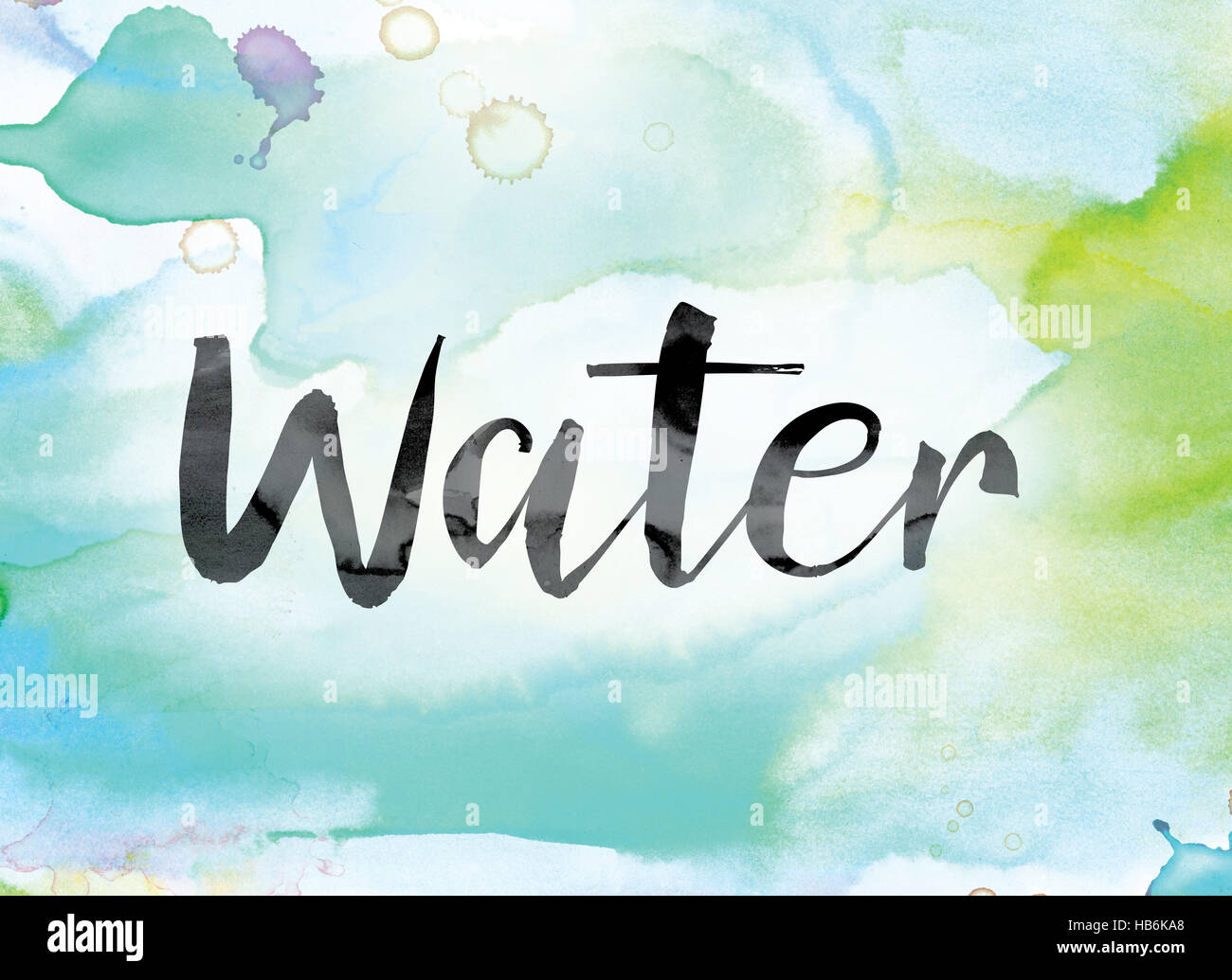 The word "Water" painted in black ink over a colorful watercolor washed ...