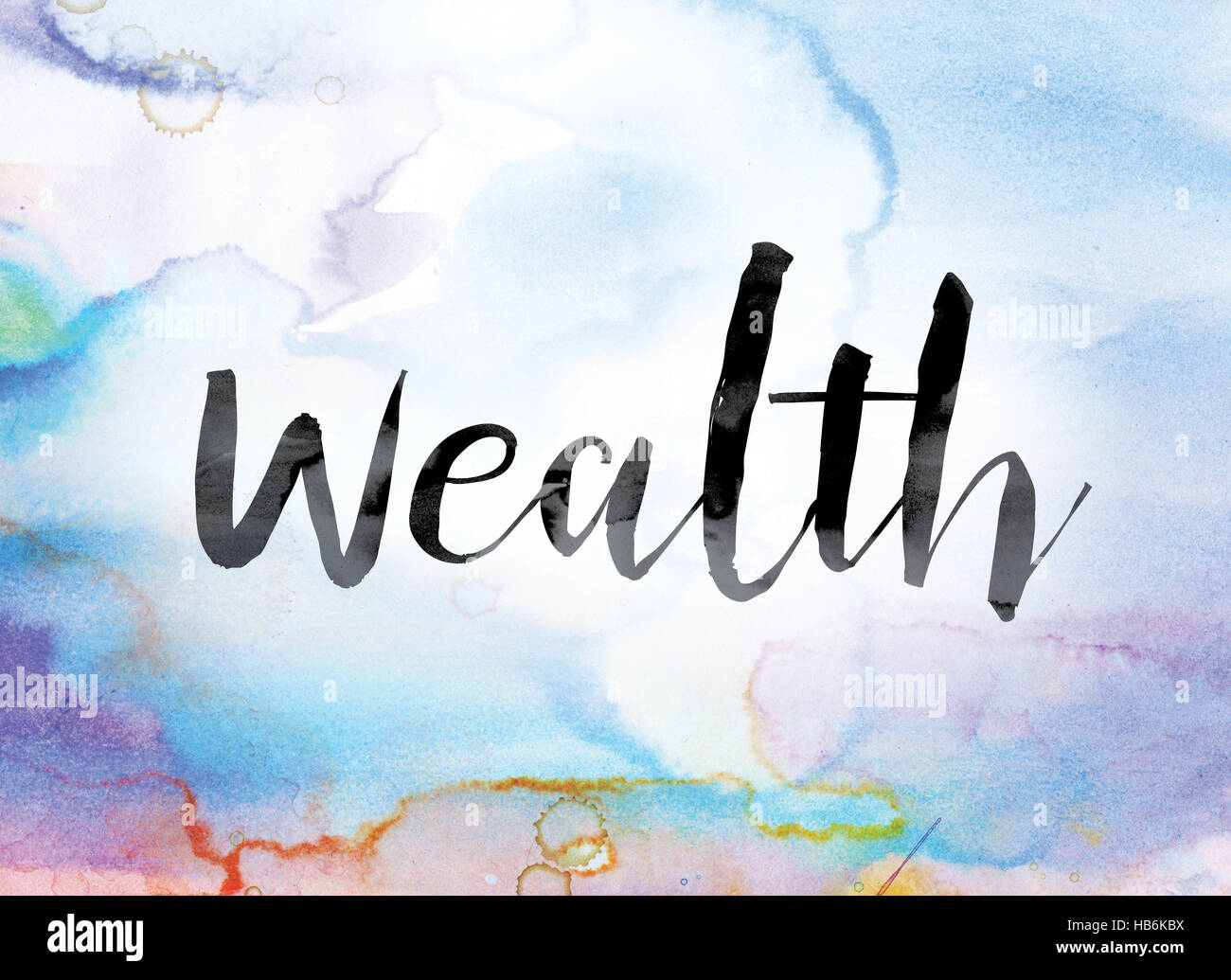 The word "Wealth" painted in black ink over a colorful watercolor ...