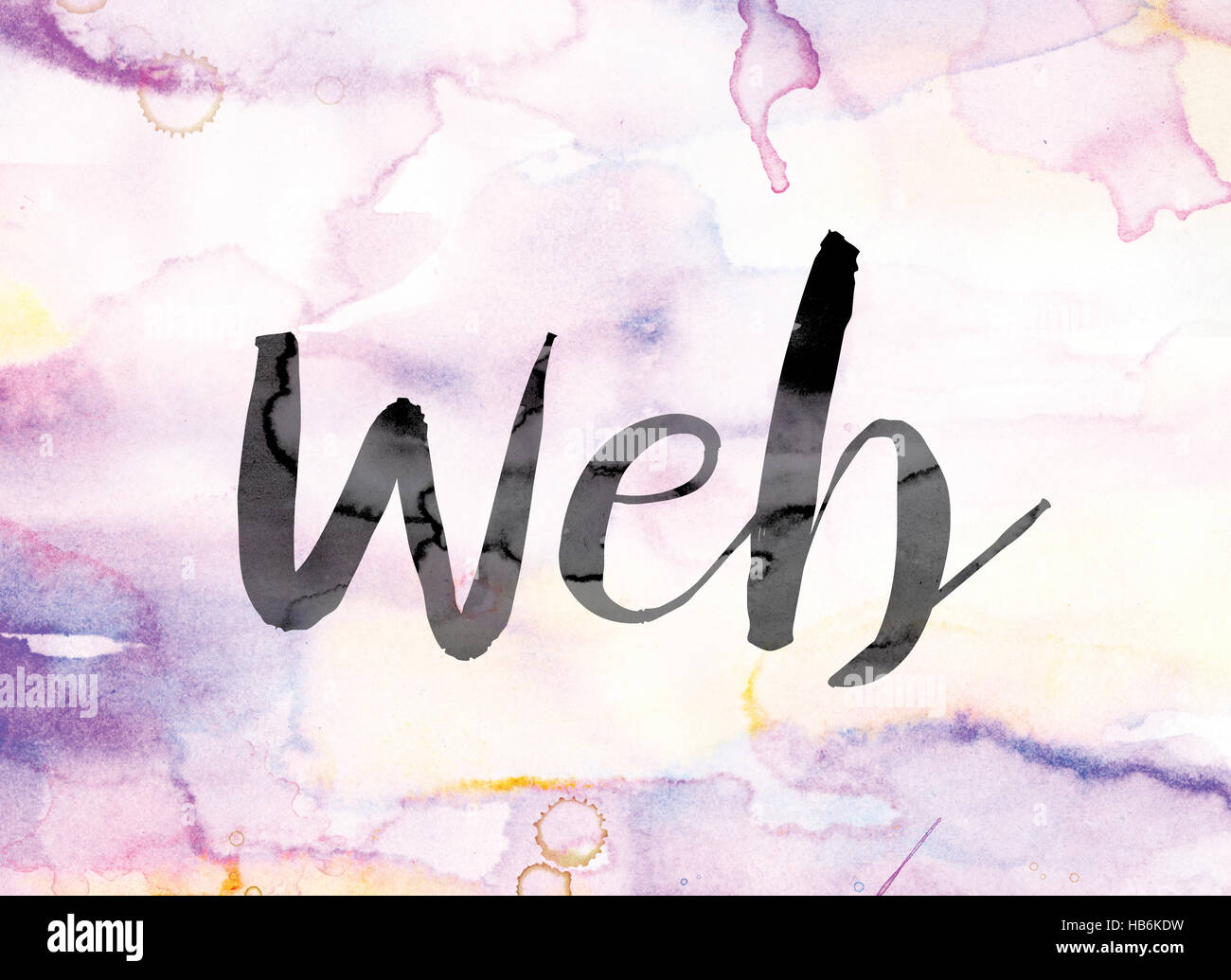 The word "Web" painted in black ink over a colorful watercolor washed ...