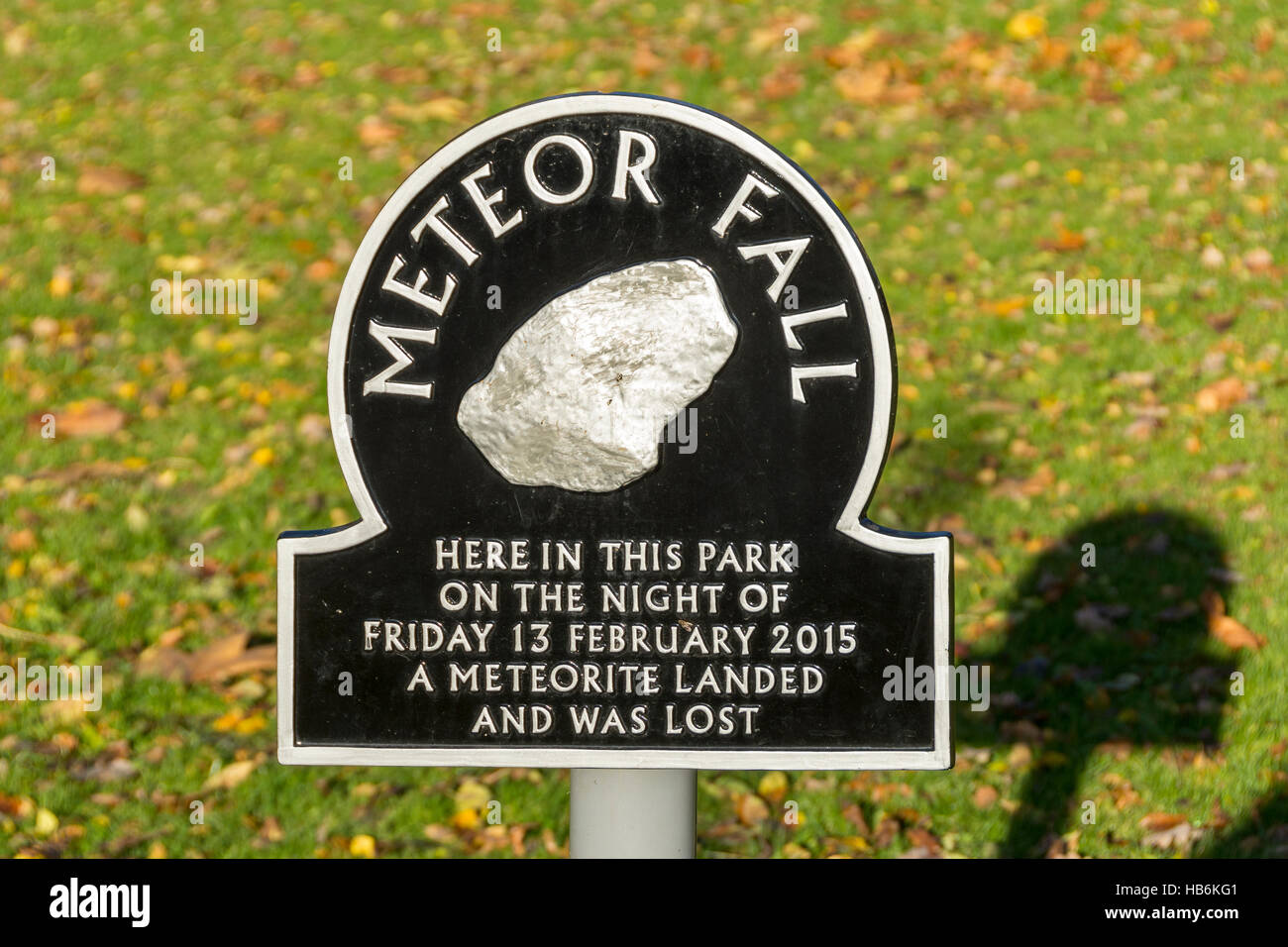'Meteor Fall' sign, Whitworth Park, Manchester, UK. It refers to an art ...