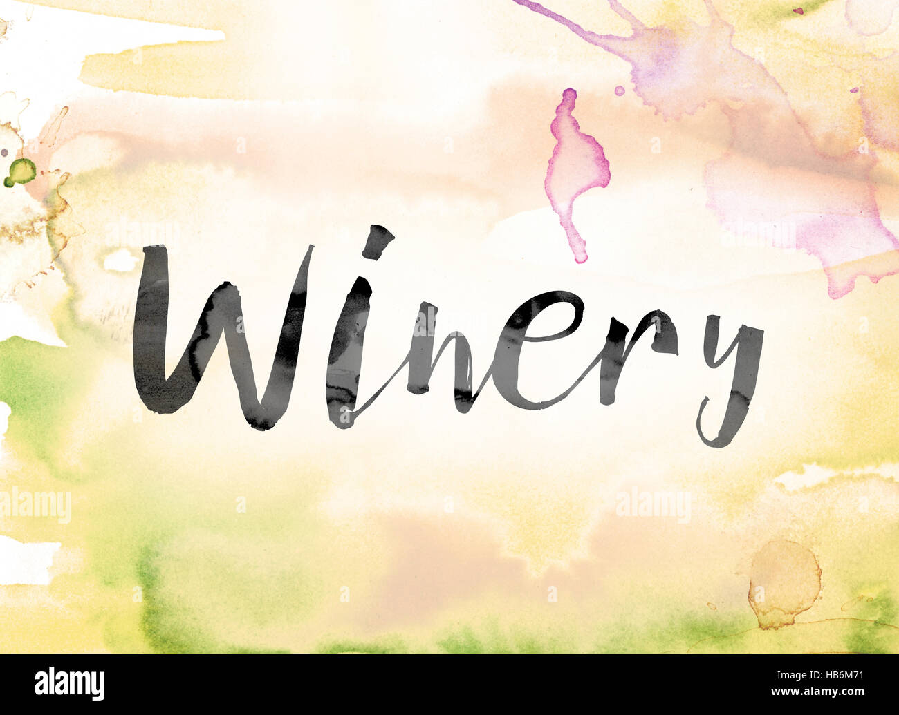 The word "Winery" painted in black ink over a colorful watercolor ...