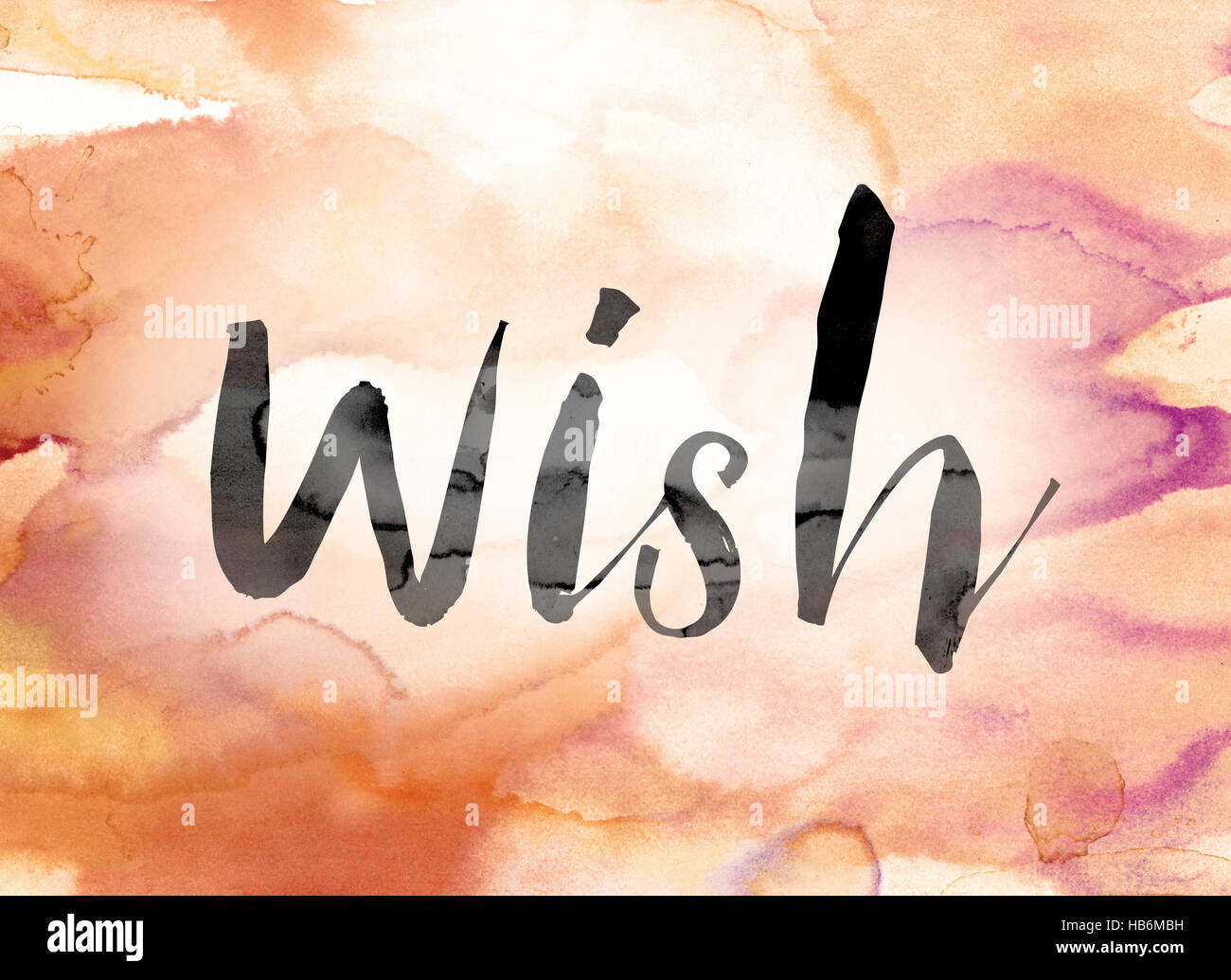 The word "Wish" painted in black ink over a colorful watercolor washed ...