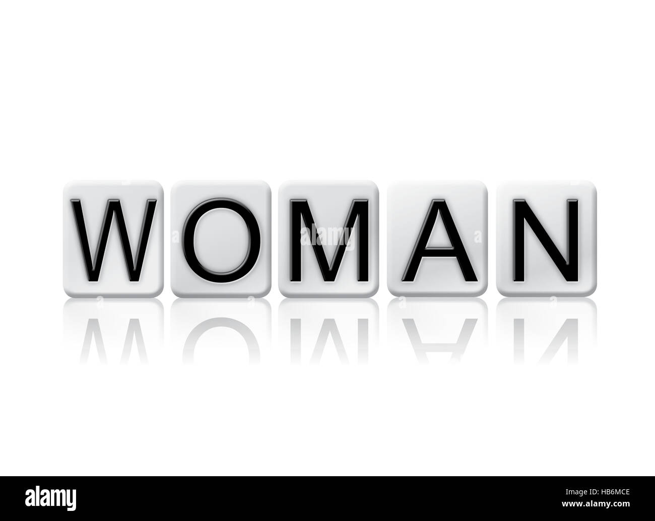 The word "Woman" written in tile letters isolated on a white background ...