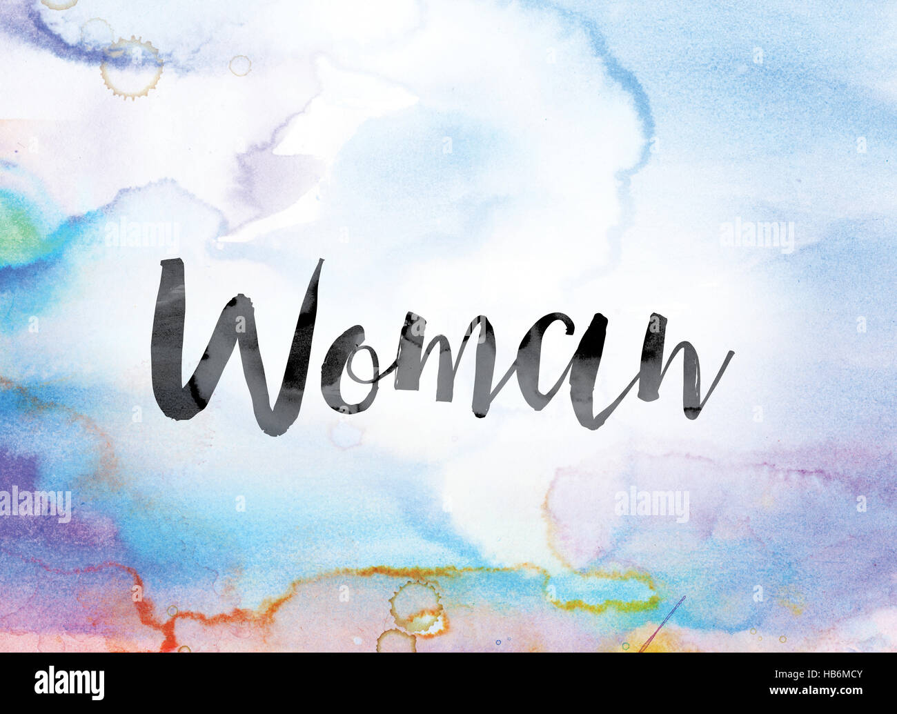 The word "Woman" painted in black ink over a colorful watercolor washed ...